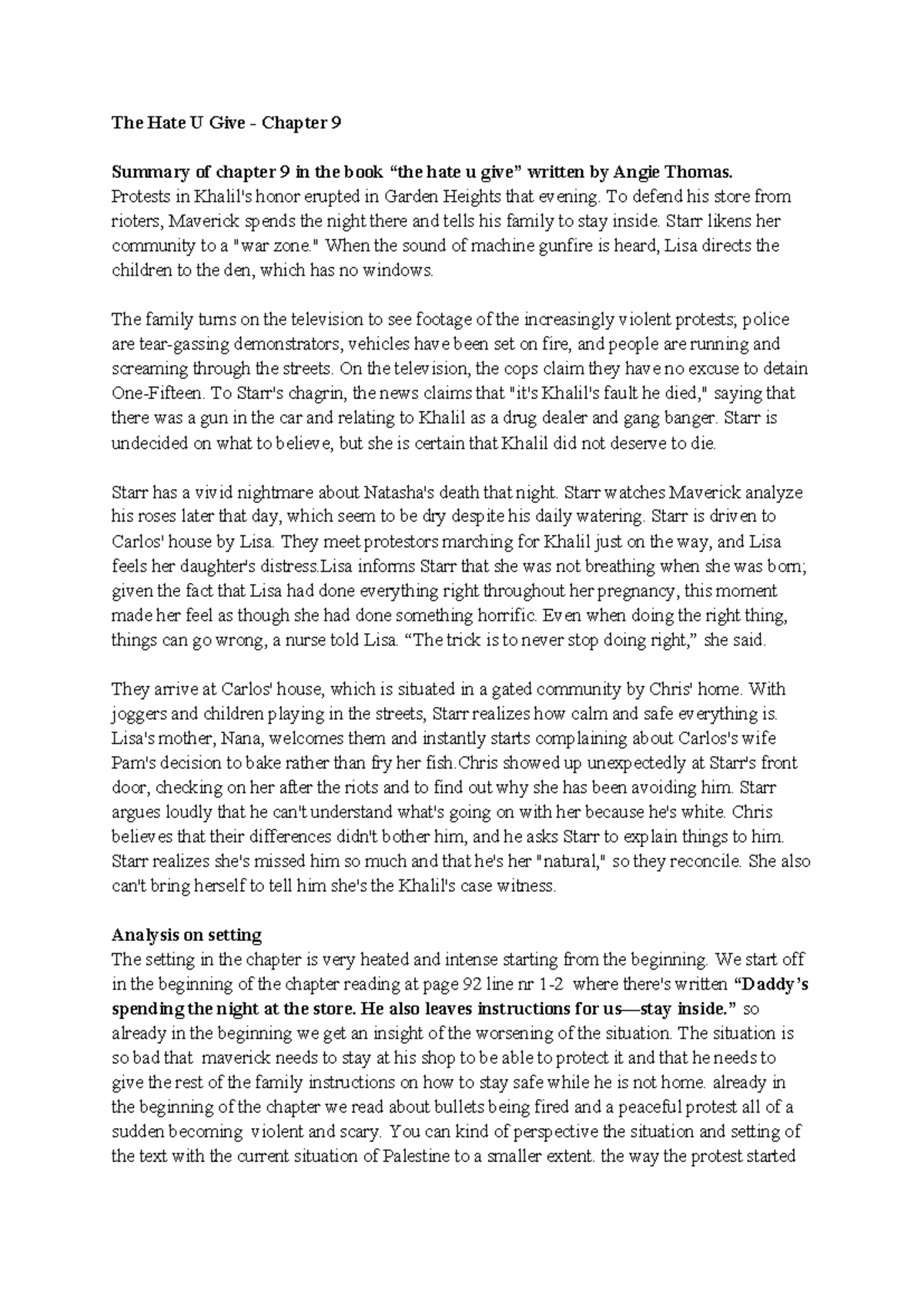 The Hate U Give - Analysis Chapter 9 - The Hate U Give - Chapter 9 ...