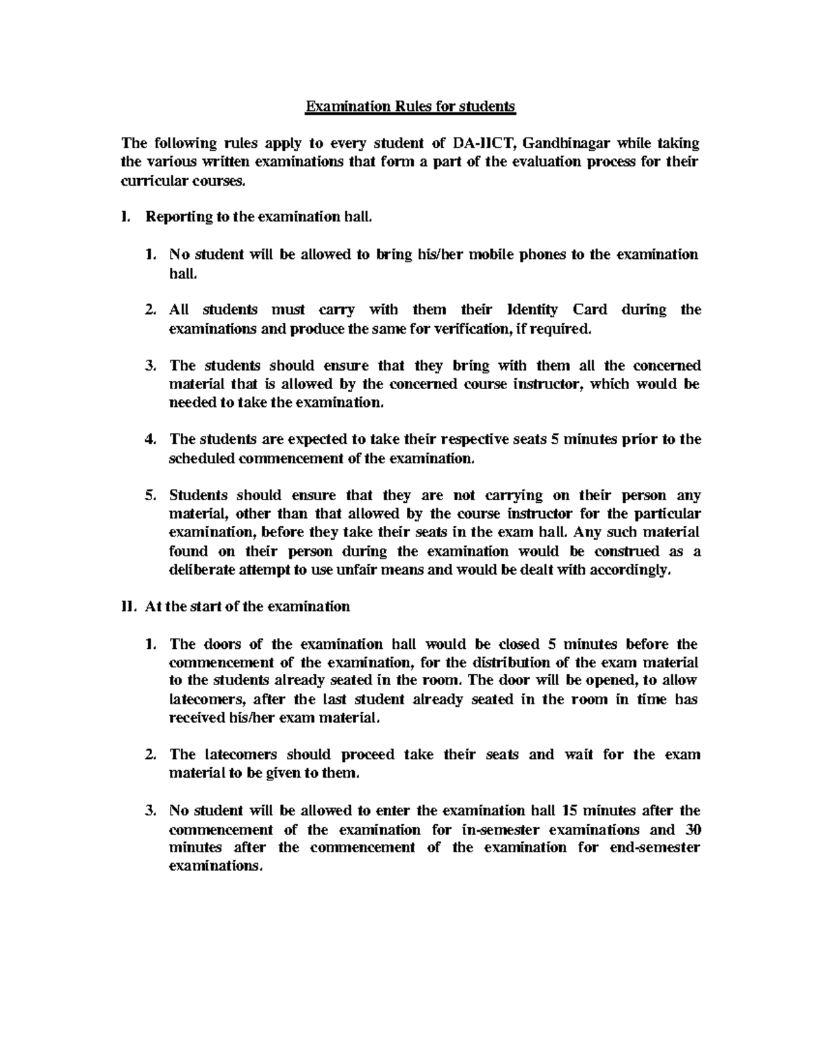 Examination Rules for Students - I. Reporting to the examination hall ...