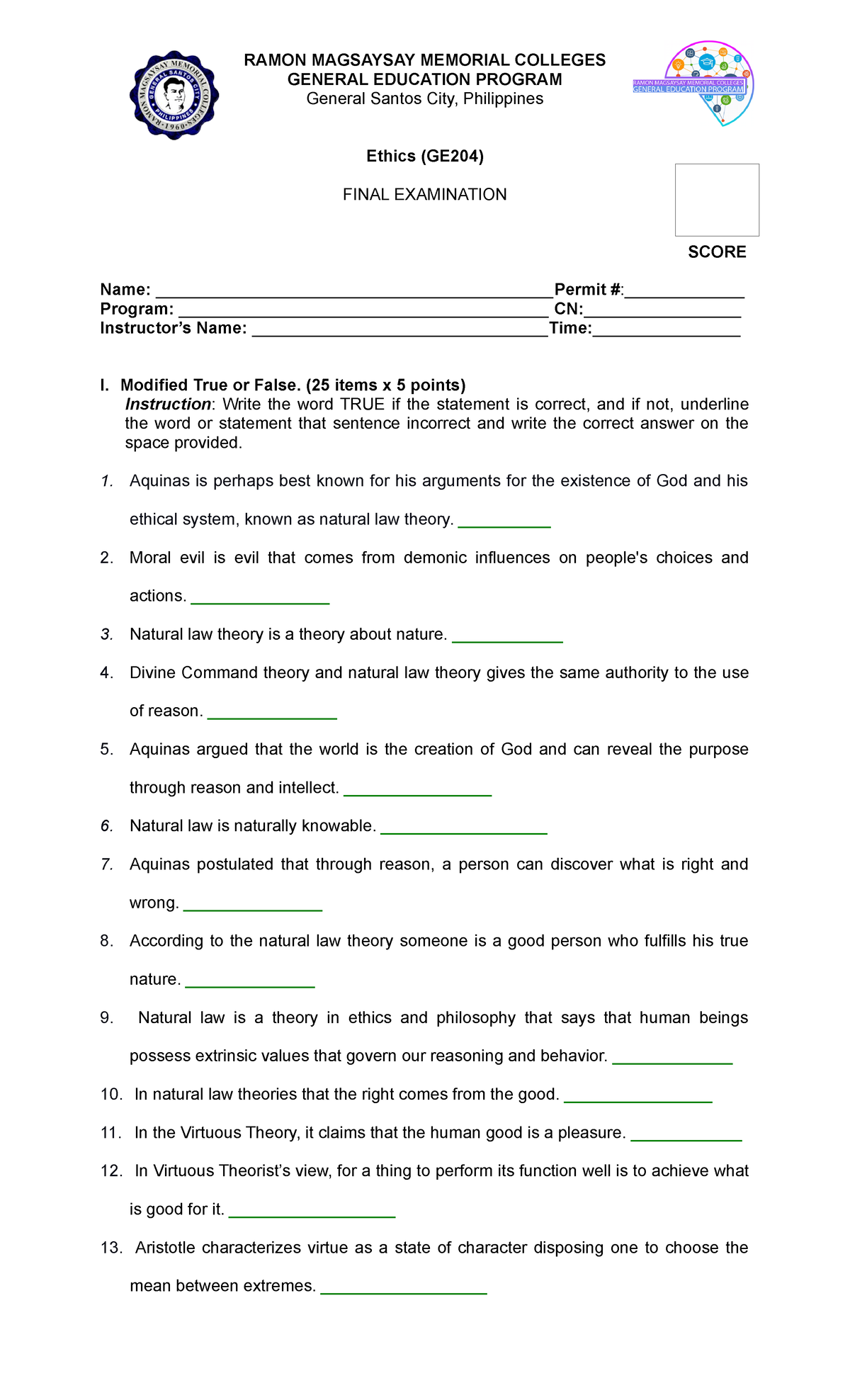 Ethics - Final Exam - Examination - RAMON MAGSAYSAY MEMORIAL COLLEGES GENERAL EDUCATION PROGRAM ...