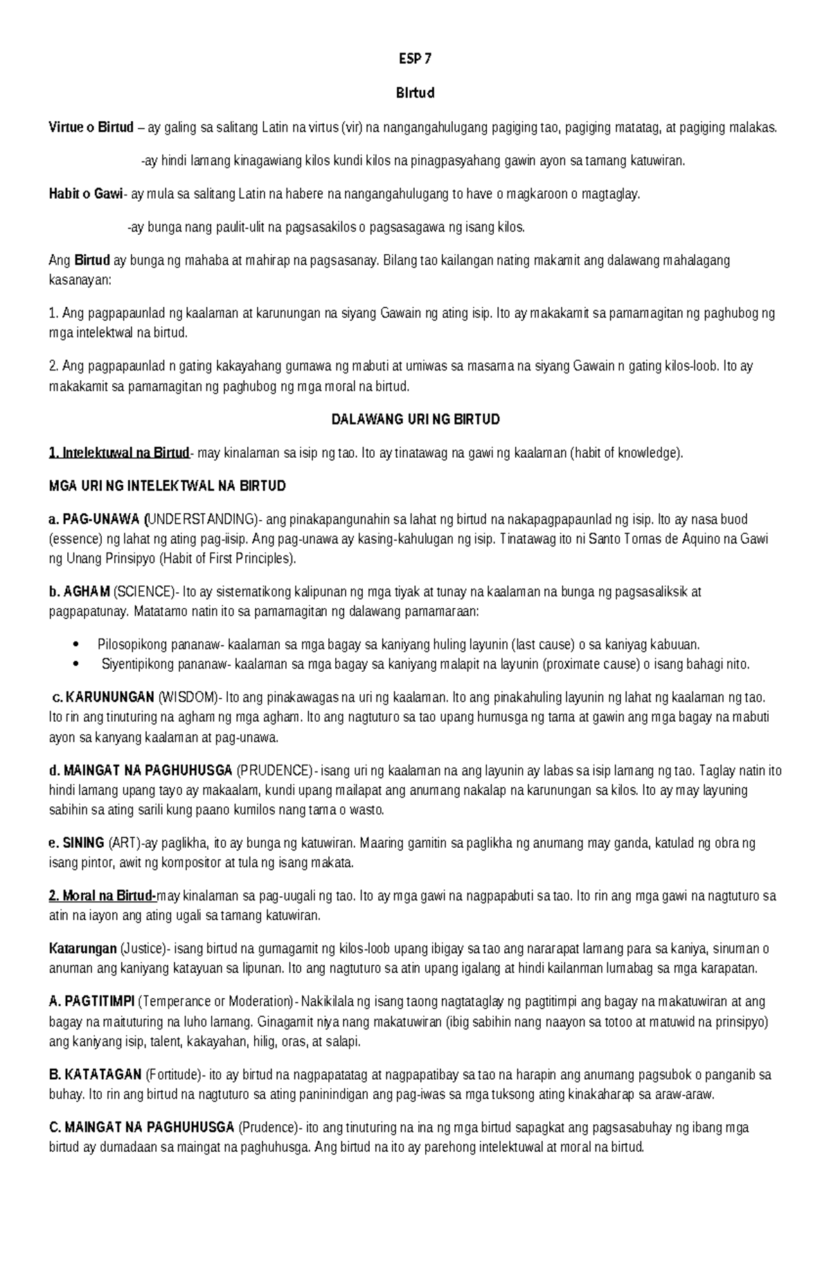 ESP 7 notes - ESP 7 Birtud Virtue o Birtud – ay galing sa salitang ...