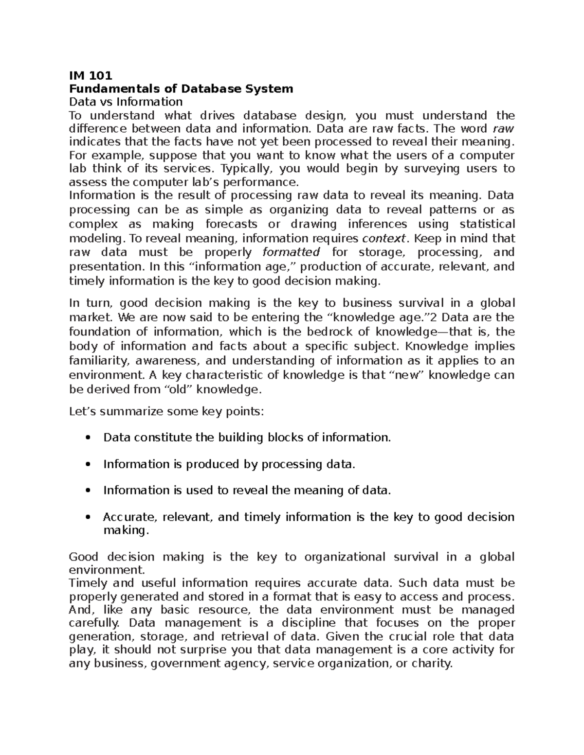 Database Management System - IM 101 Fundamentals of Database System ...