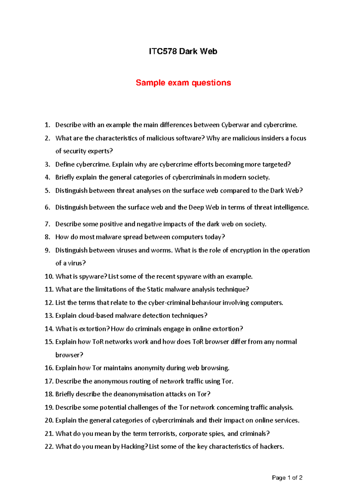 ITC578 2021 Sample Exam questions (1) - ITC578 - CSU - Studocu