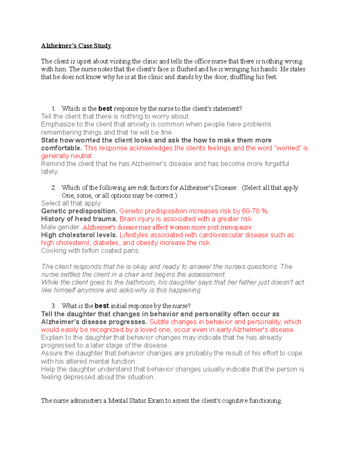 Alzheimer Hesi - case study - Alzheimer’s Case Study The client is ...