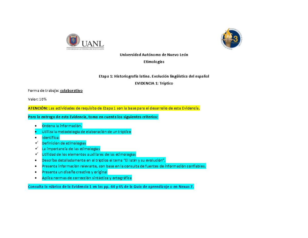 EV1 Etimologias - Nota: 9 - Universidad Autónoma de Nuevo León Etimologías Etapa 1 ...