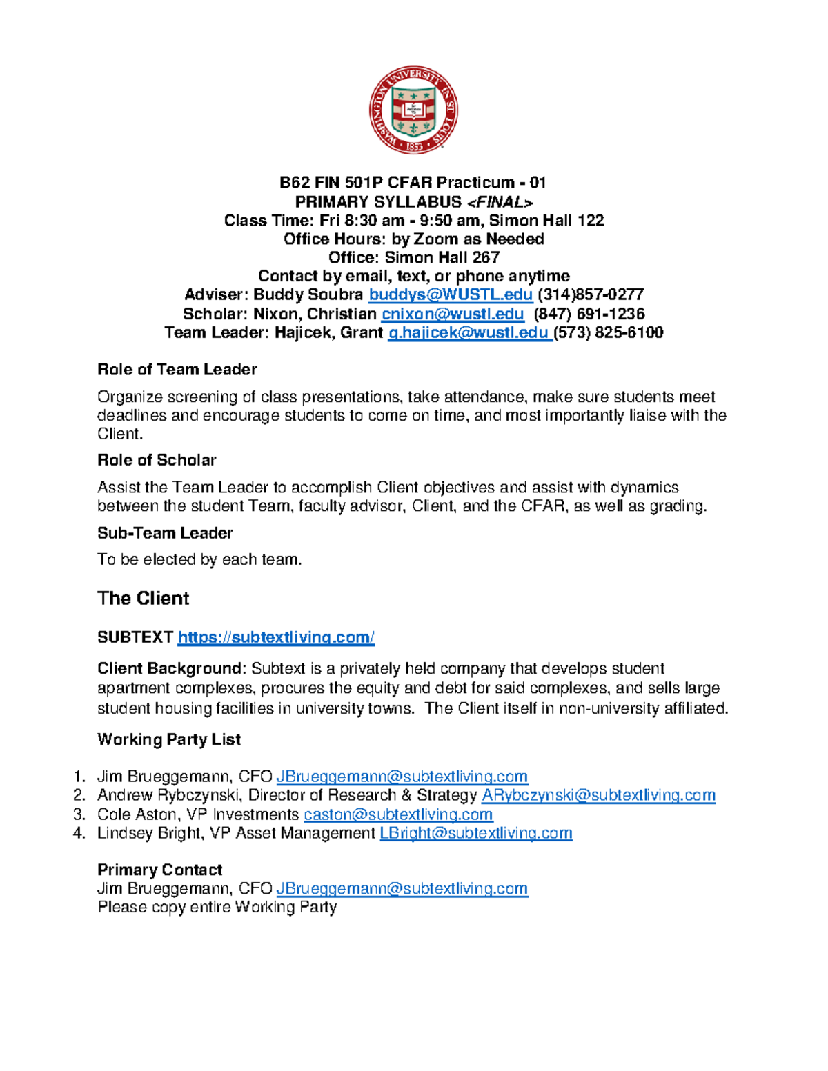 0.1.2 Section-01-Practicum Amended Syllabus- Subtext SP2024 - B62 FIN 501P CFAR Practicum - 01 ...