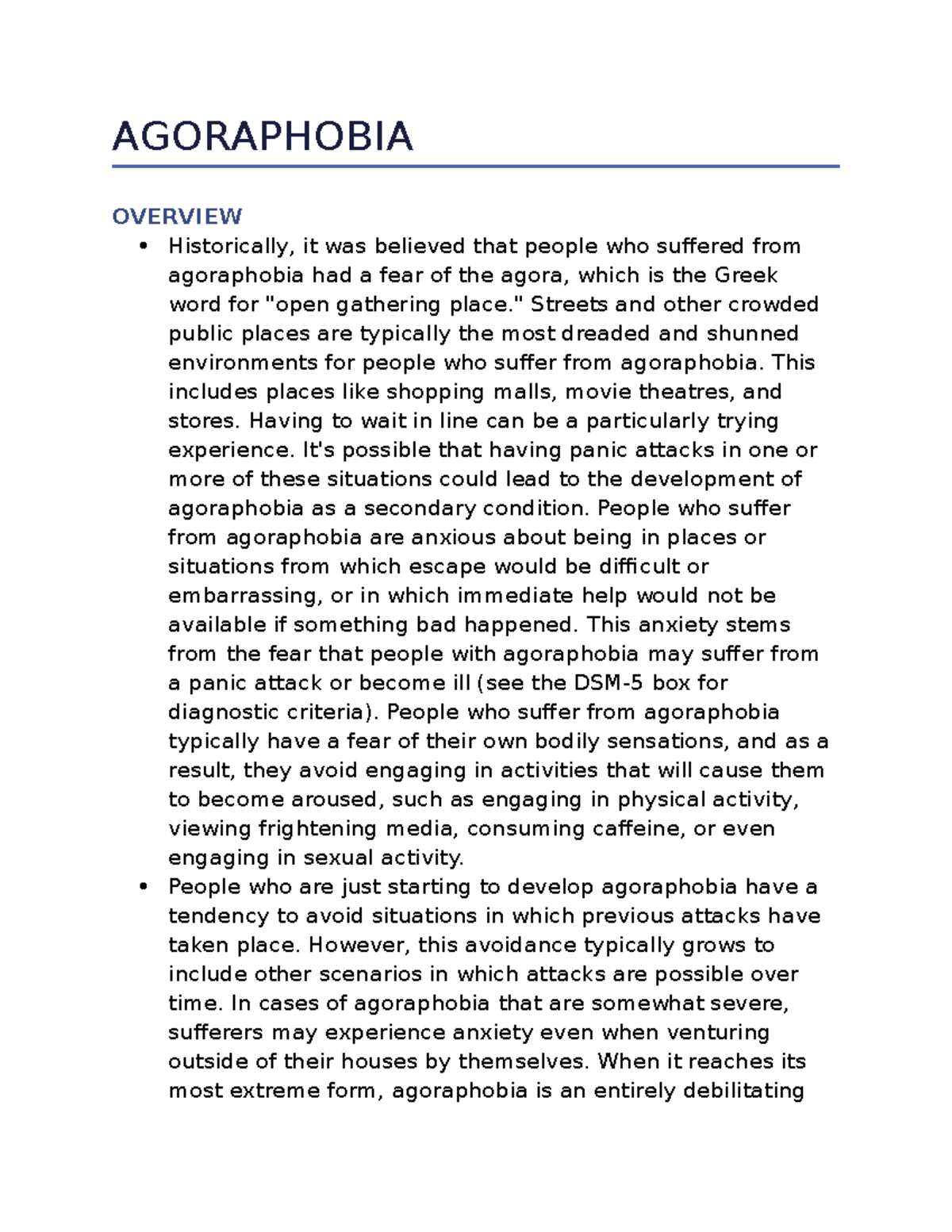 Brief note on Agoraphobia - AGORAPHOBIA OVERVIEW Historically, it was ...