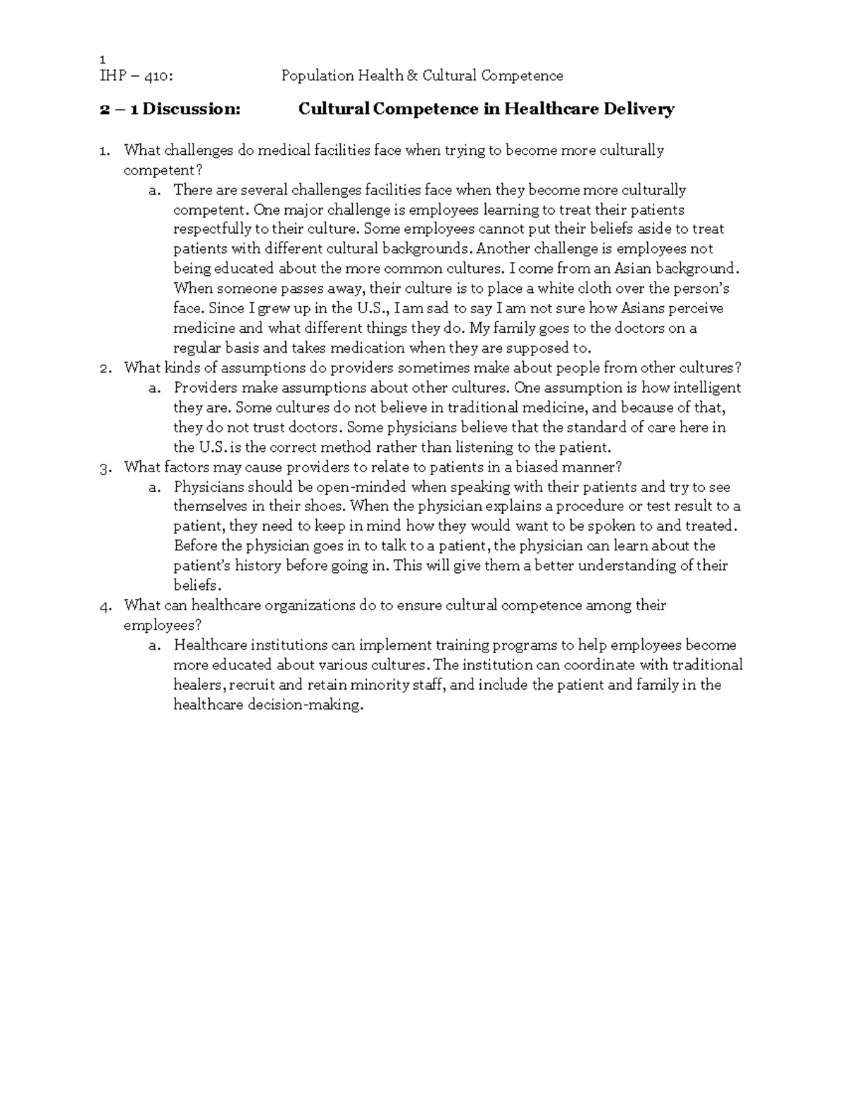 2-1 Discussion Cultural Competence in Healthcare Delivery - There are ...