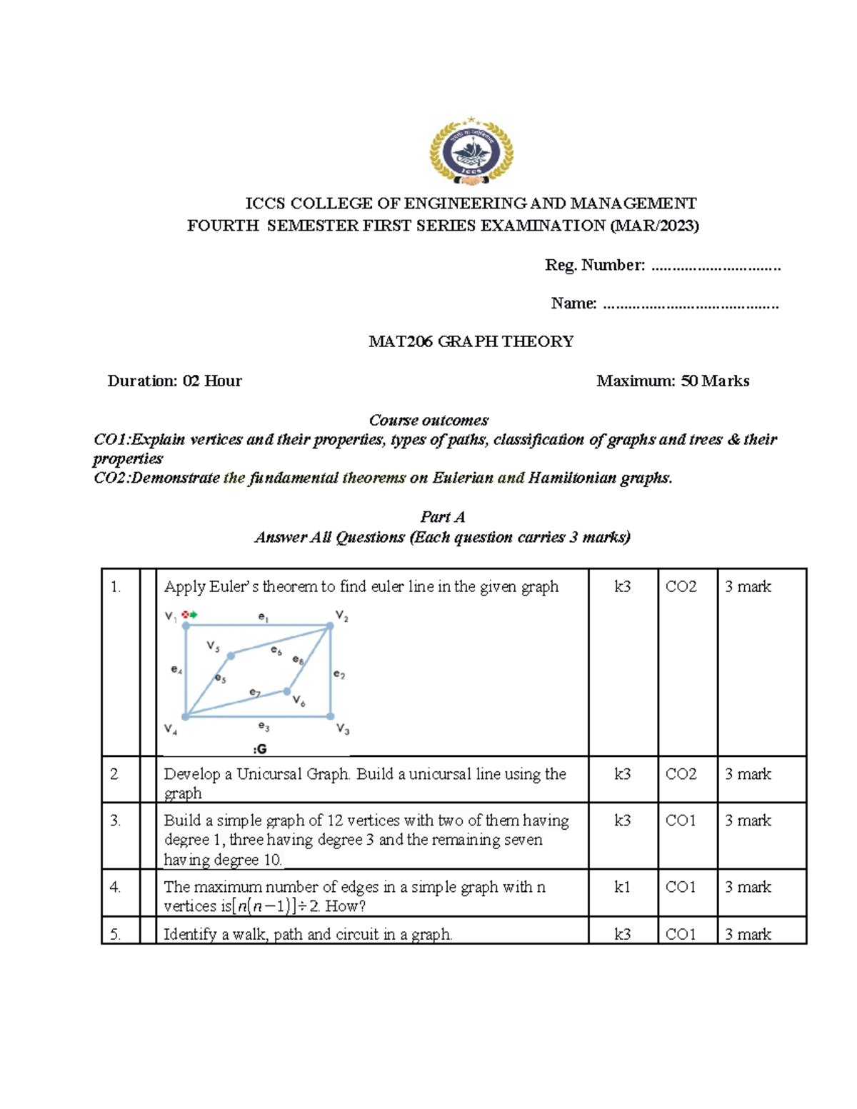 MAT206 graph theory 01 - questions - ICCS COLLEGE OF ENGINEERING AND MANAGEMENT FOURTH SEMESTER ...