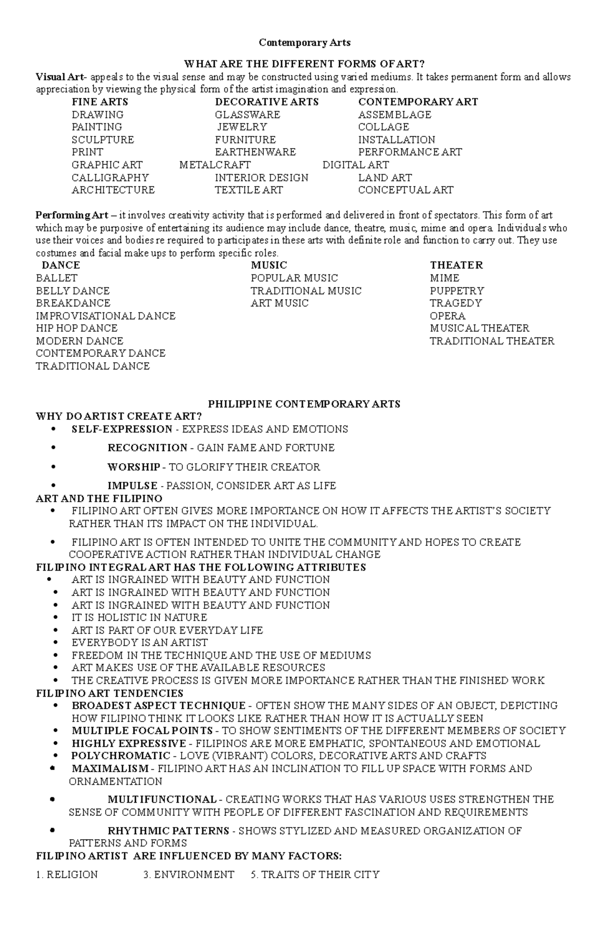 Contemporary Arts 1 - notes - Contemporary Arts WHAT ARE THE DIFFERENT ...