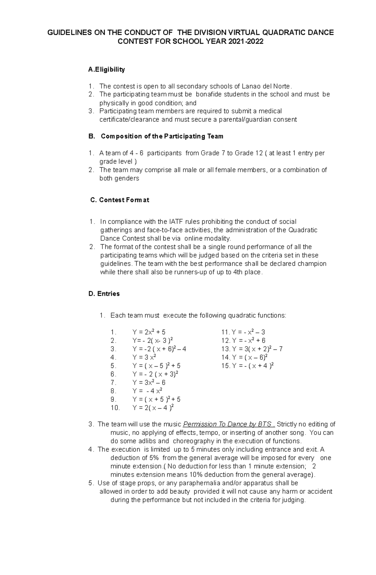 Guidelines ON THE Conduct OF THE Virtual Quadratic Dance Contest FOR ...