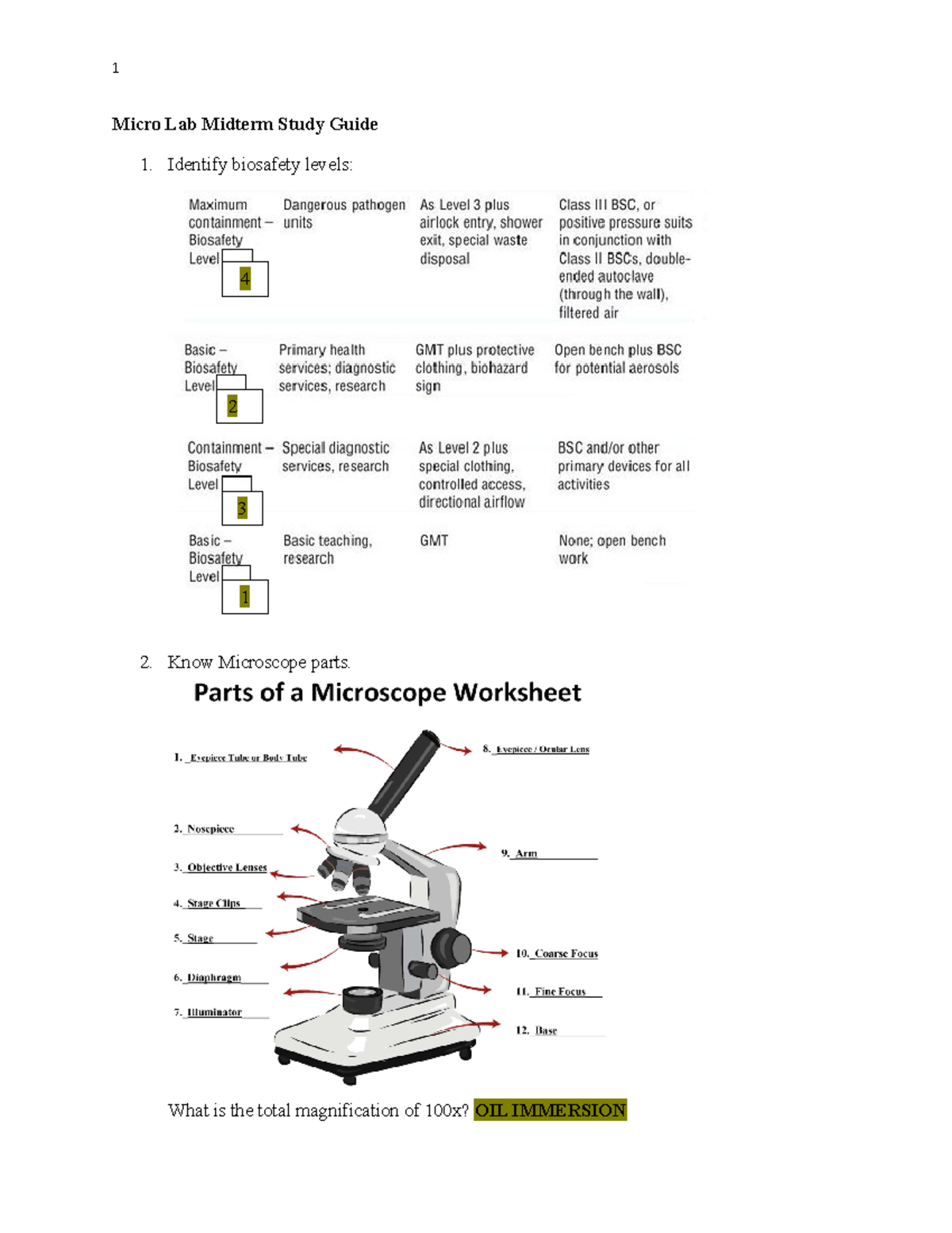 Micro Lab Midterm JH - Micro Lab Midterm Study Guide Identify biosafety levels: Know Microscope ...