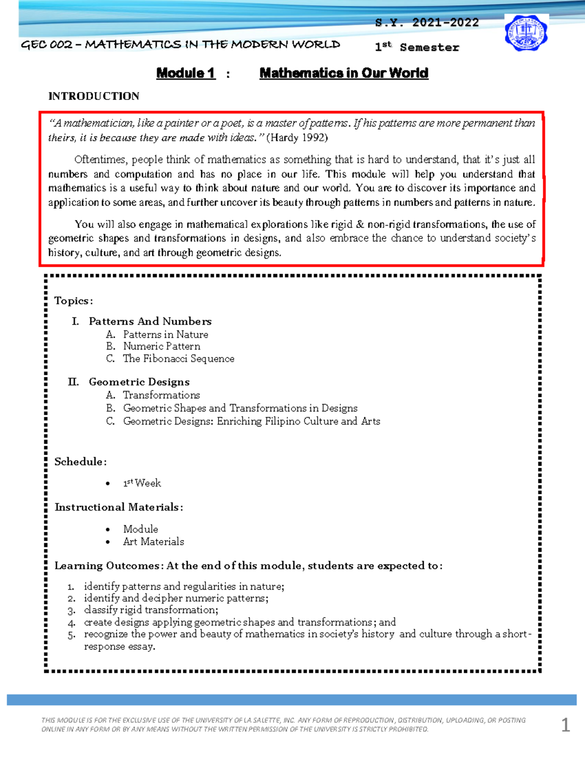 GEC 002 Module 1 Mathematics IN OUR World - THIS MODULE IS FOR THE ...