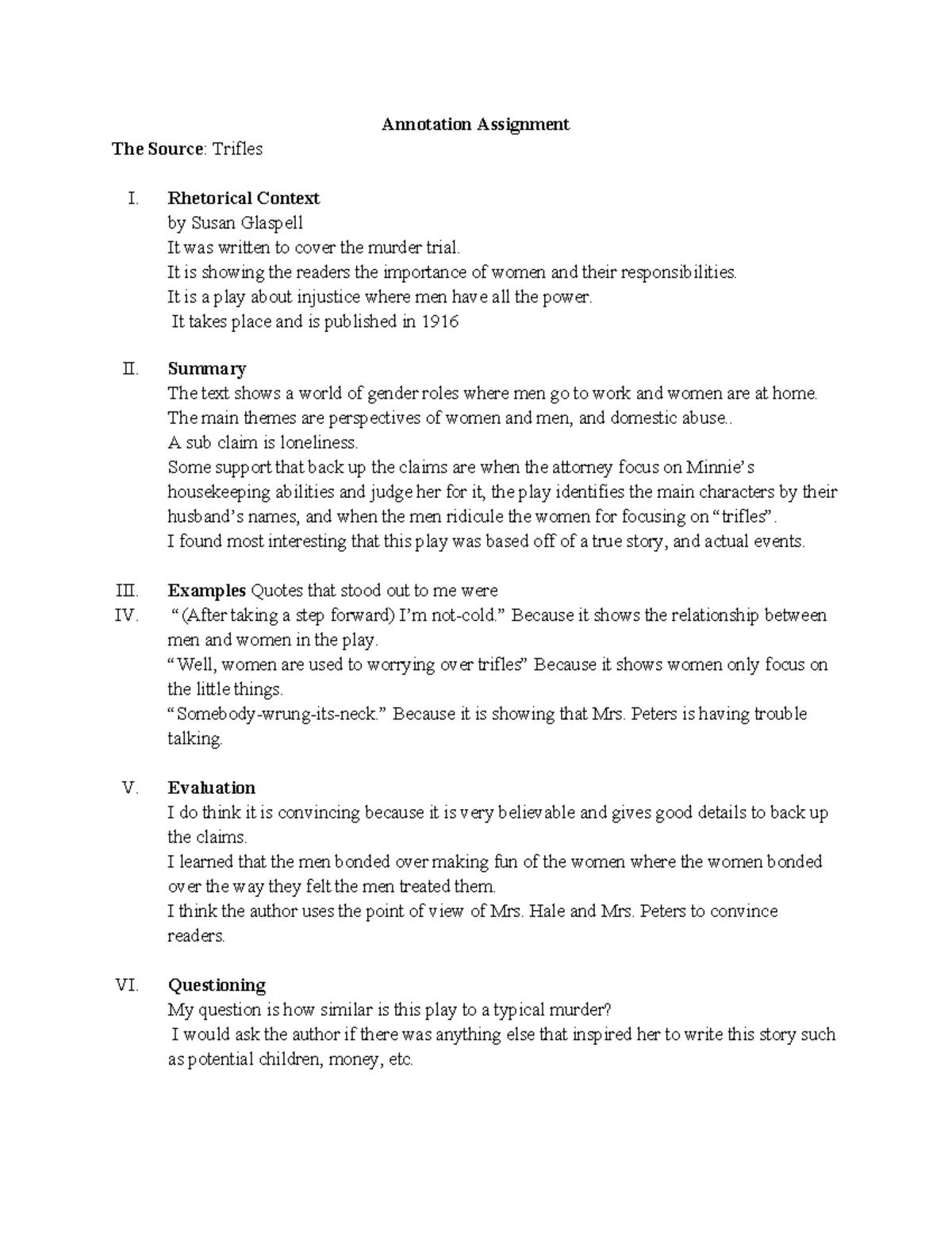 Annotation Assignment - Rhetorical Context by Susan Glaspell It was ...