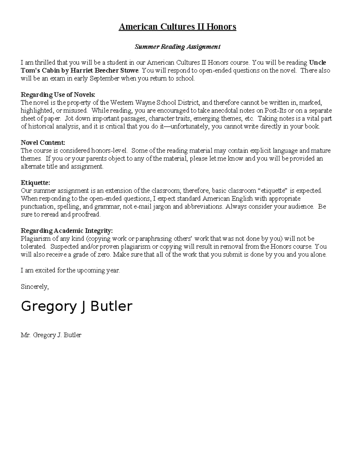 American Cultures II Honors Summer Reading Assignment - You will be ...