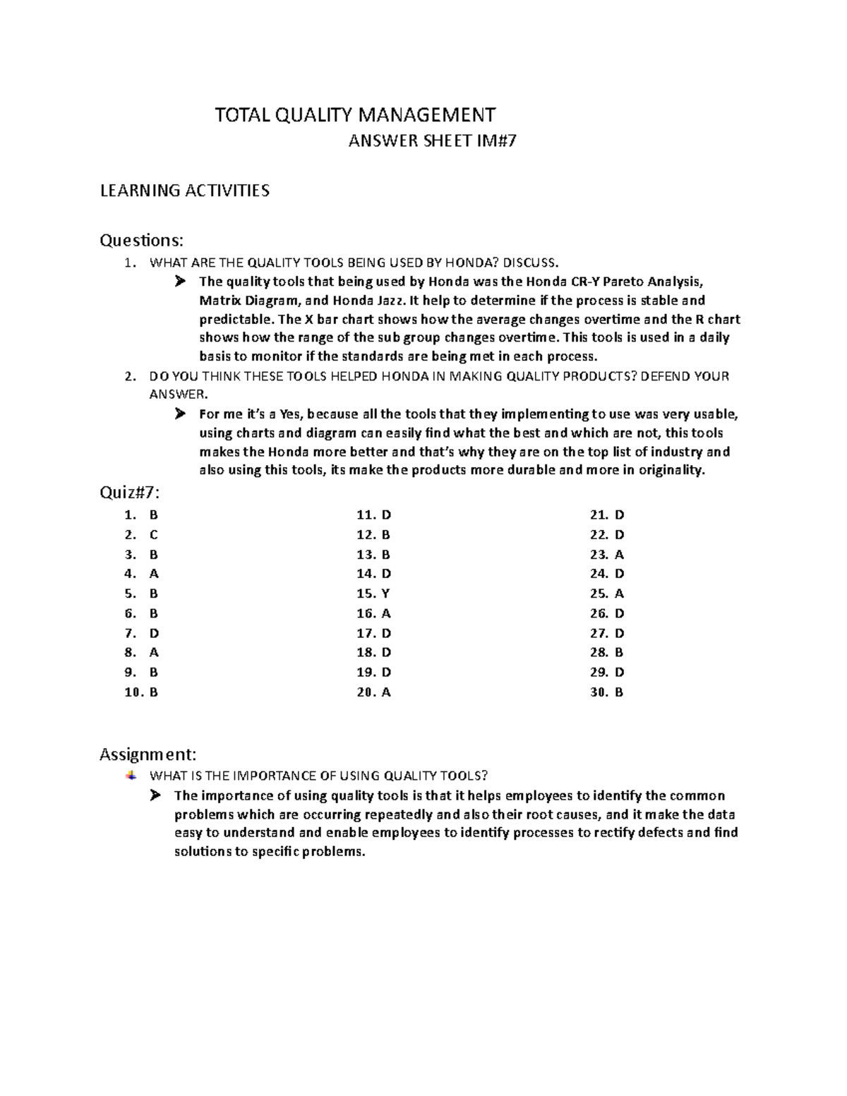 Total Quality Management IM NO - TOTAL QUALITY MANAGEMENT ANSWER SHEET ...