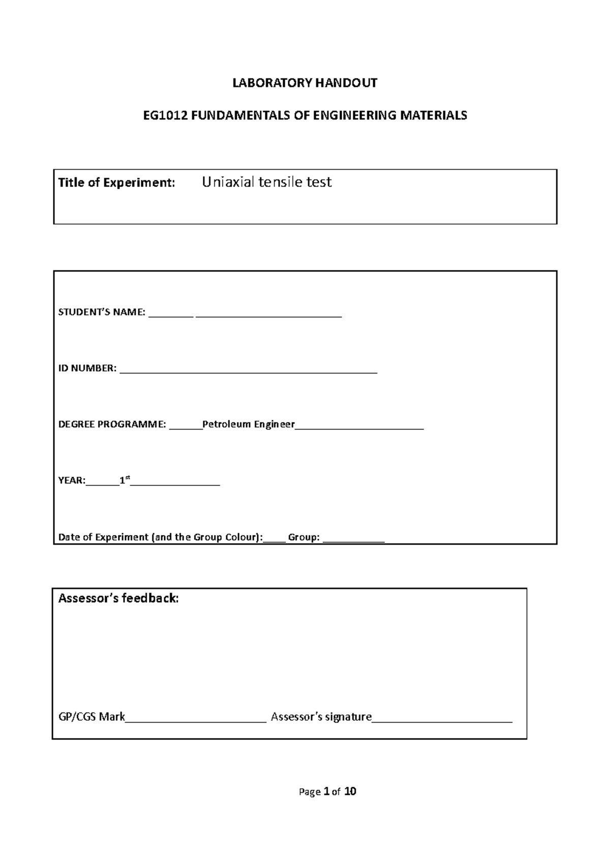 EG1012 Tensile LAB - Handout - LABORATORY HANDOUT EG1012 FUNDAMENTALS ...