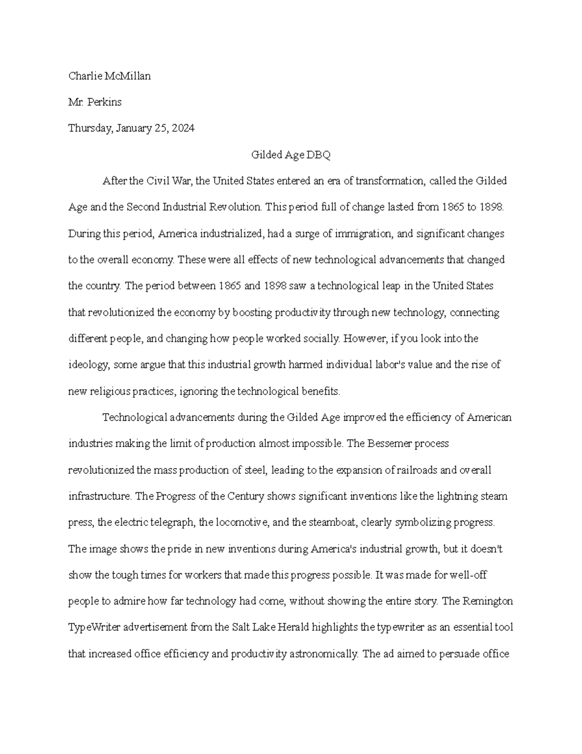 Gilded Age DBQ - yk pretty chill - Charlie McMillan Mr. Perkins ...