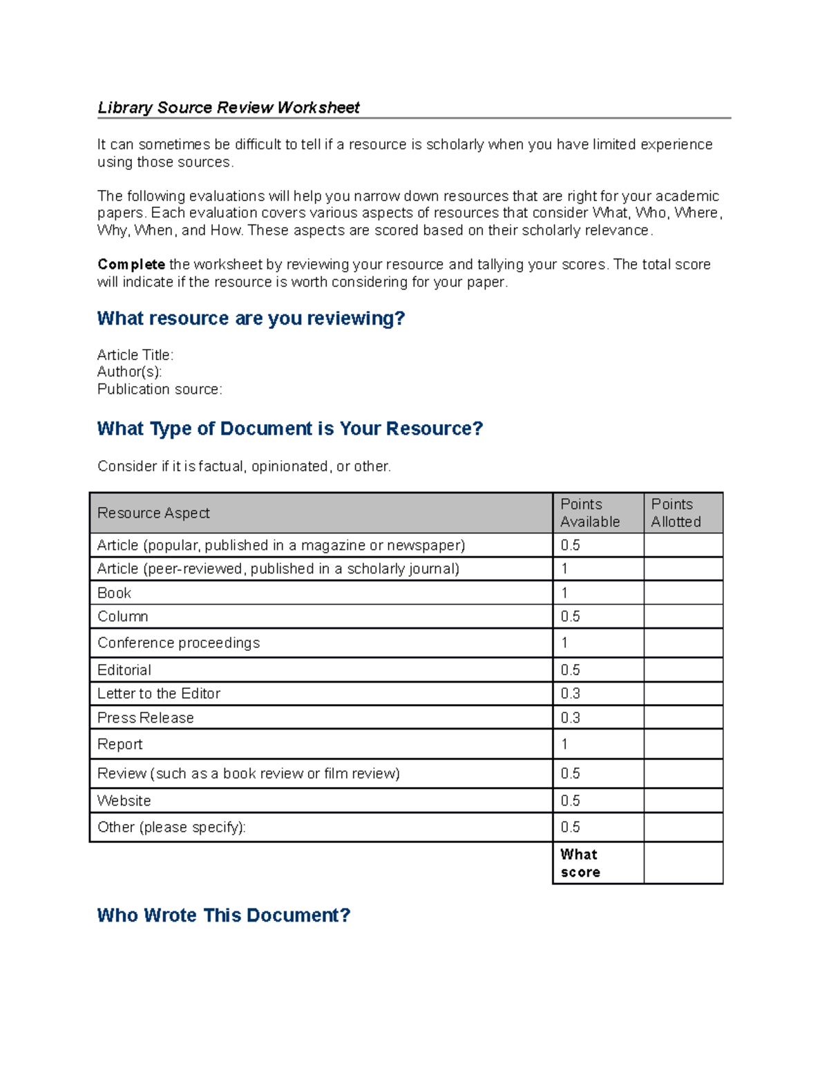 Odrlib 300 Evaluating Resources Worksheet - Library Source Review ...