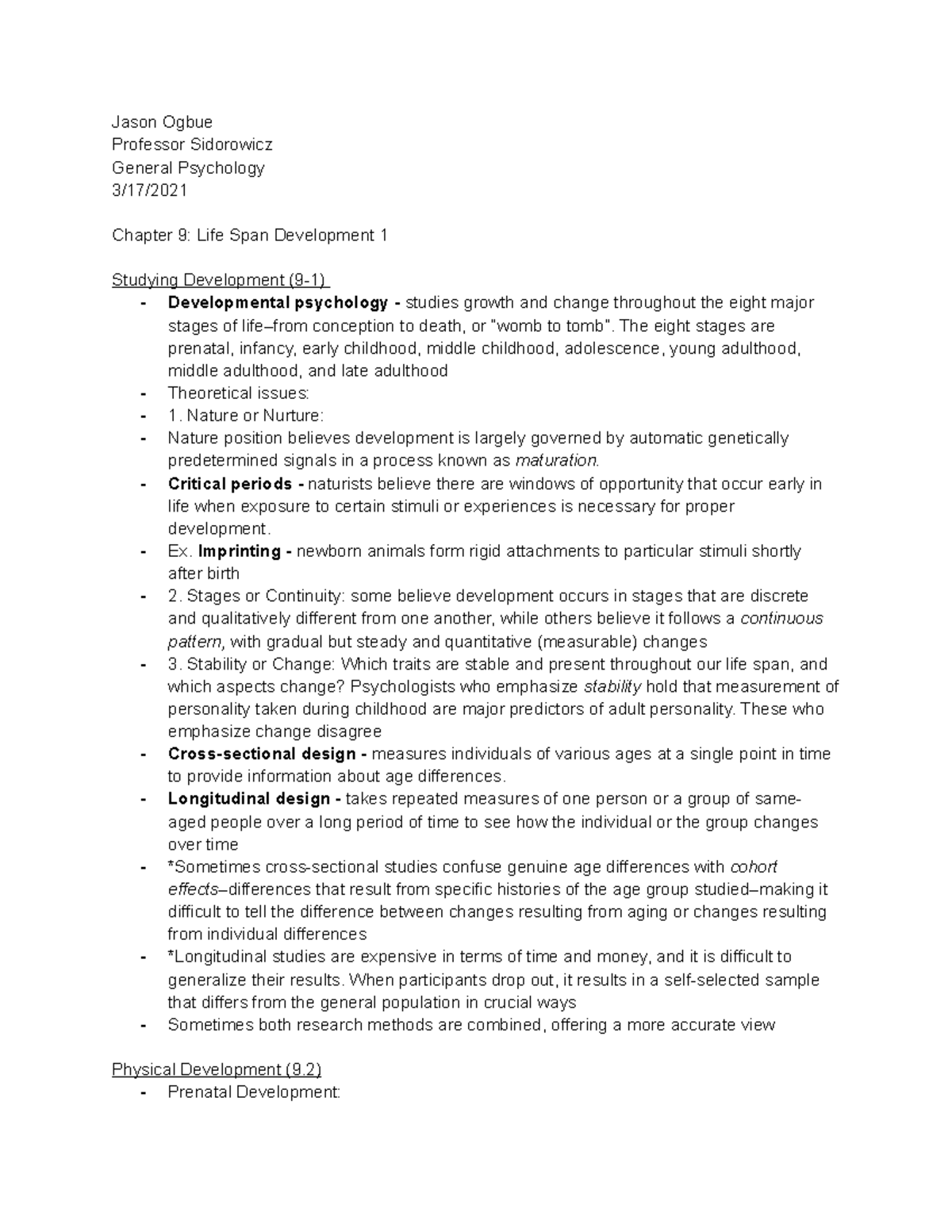 PSY 203 Chapter 9 - Notes on Life Span Development Part 1 - Jason Ogbue ...