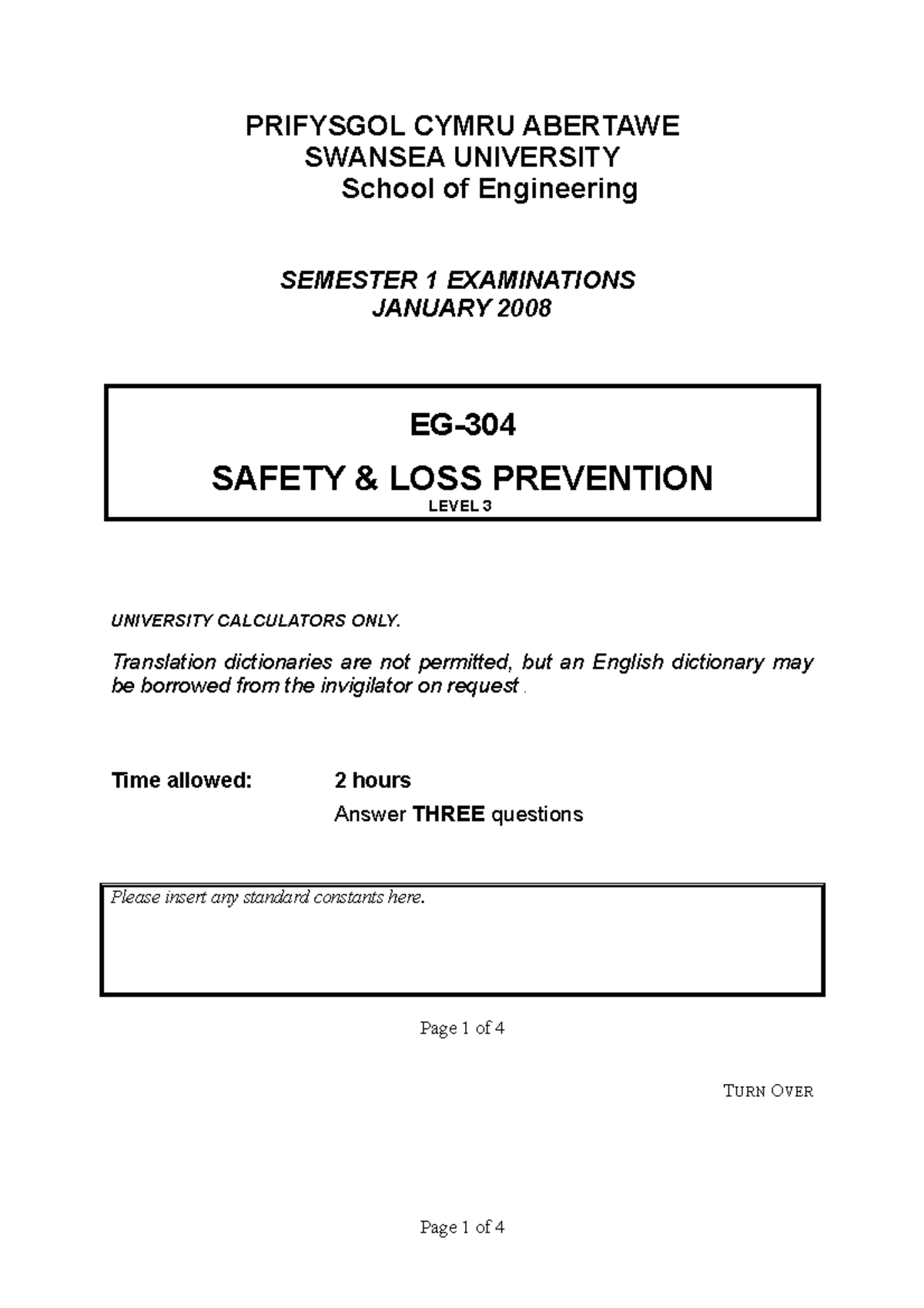 Safety and Loss Prevention January 2008 Past Paper - PRIFYSGOL CYMRU ...