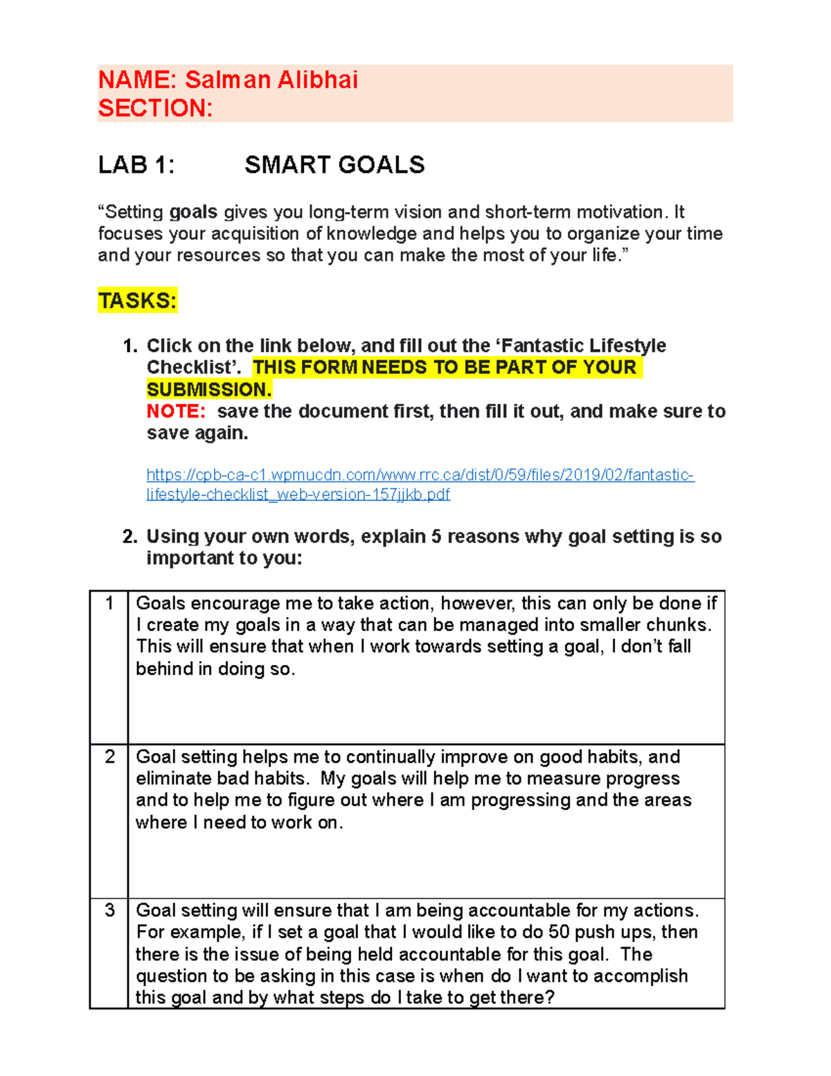 LAB 1 Smart Goals - kkk - NAME: Salman Alibhai SECTION: LAB 1: SMART ...
