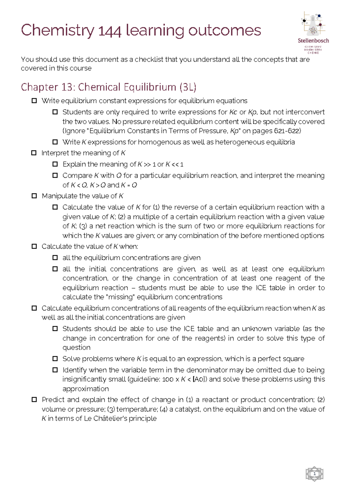 Chemistry 144 learning outcomes per chapter - You should use this ...