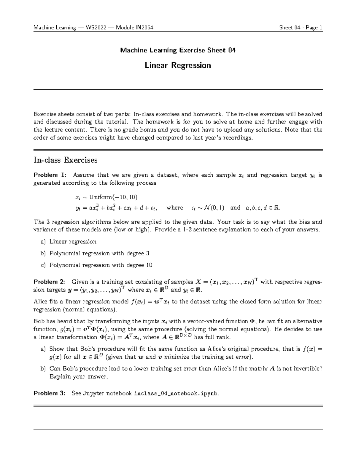 Exercise 04 Linear Regression Machine Learning Exercise Sheet 04 Linear Regression Exercise 3502