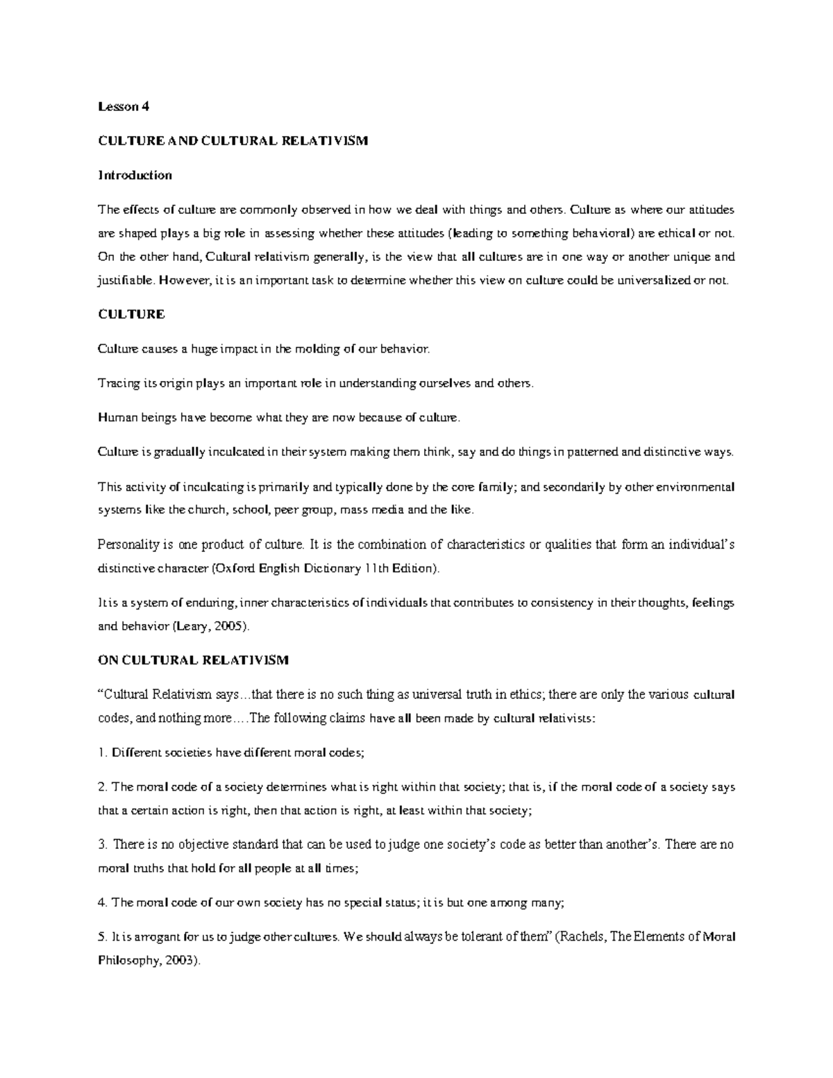Notes for Ethics - Lesson 4 CULTURE AND CULTURAL RELATIVISM ...