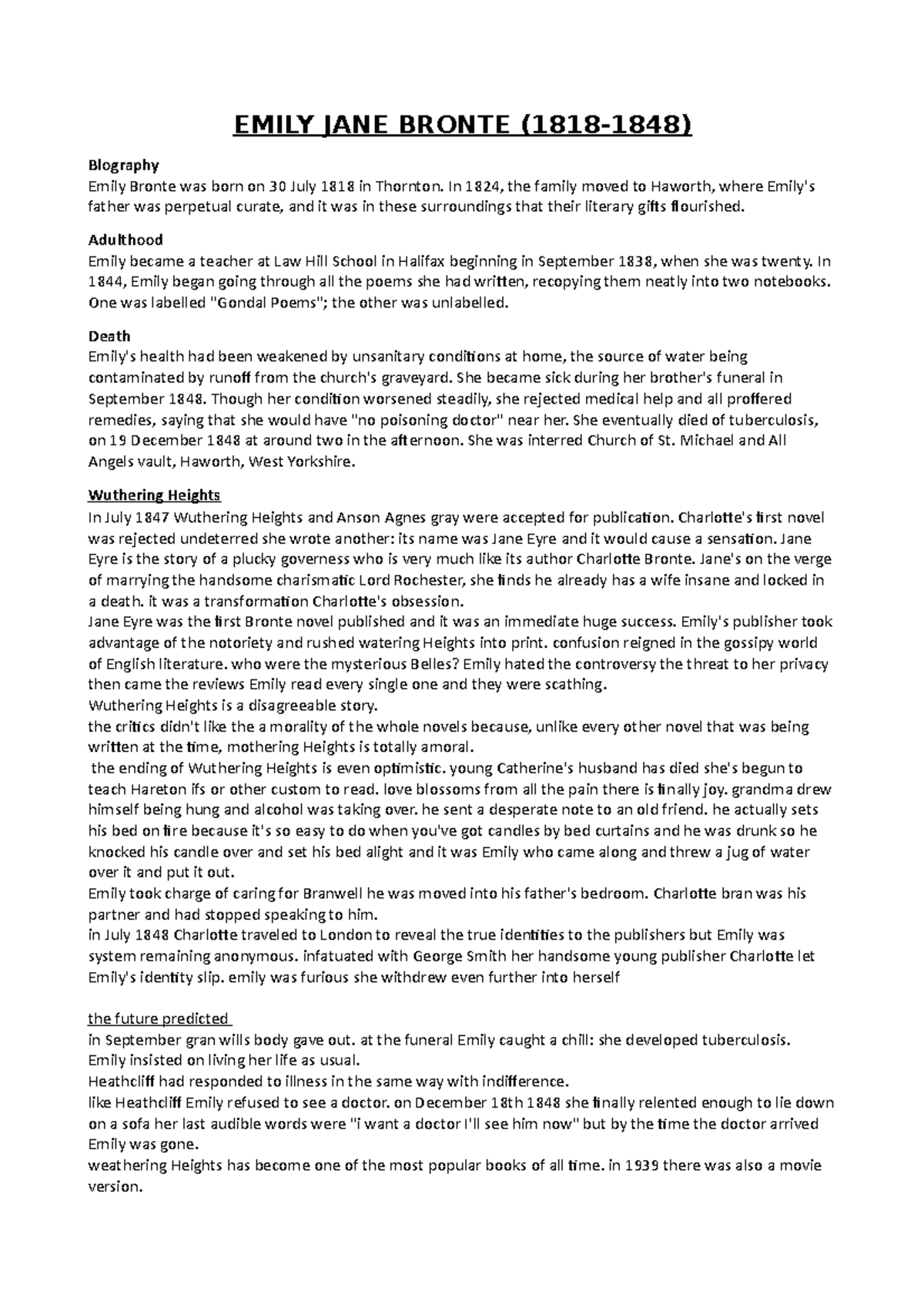 Emily JANE Bronte appunti per letteratura inglese - EMILY JANE BRONTE ...