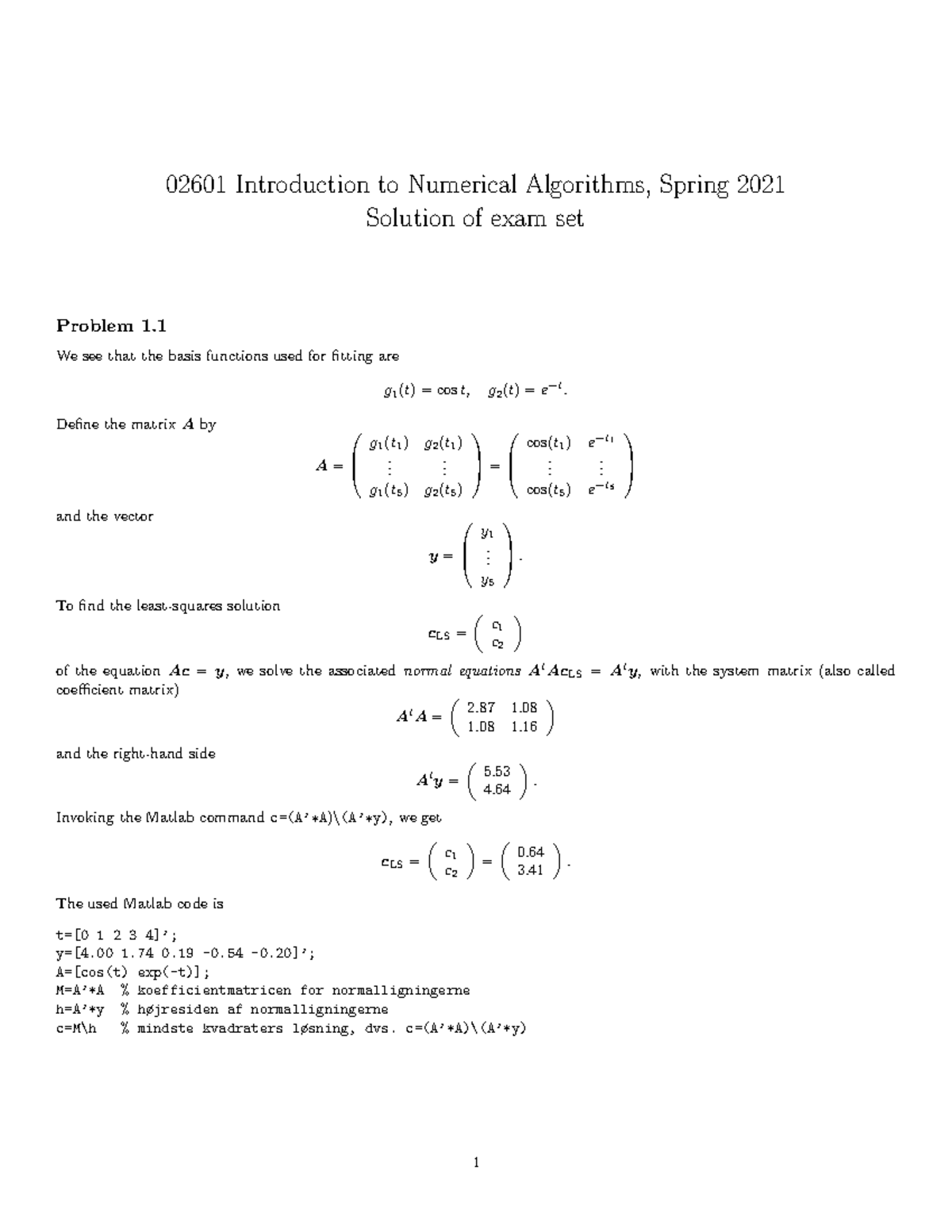 02601 F21 Exam Solution 02601 Introduction To Numerical Algorithms Spring 2021 Solution Of 9047