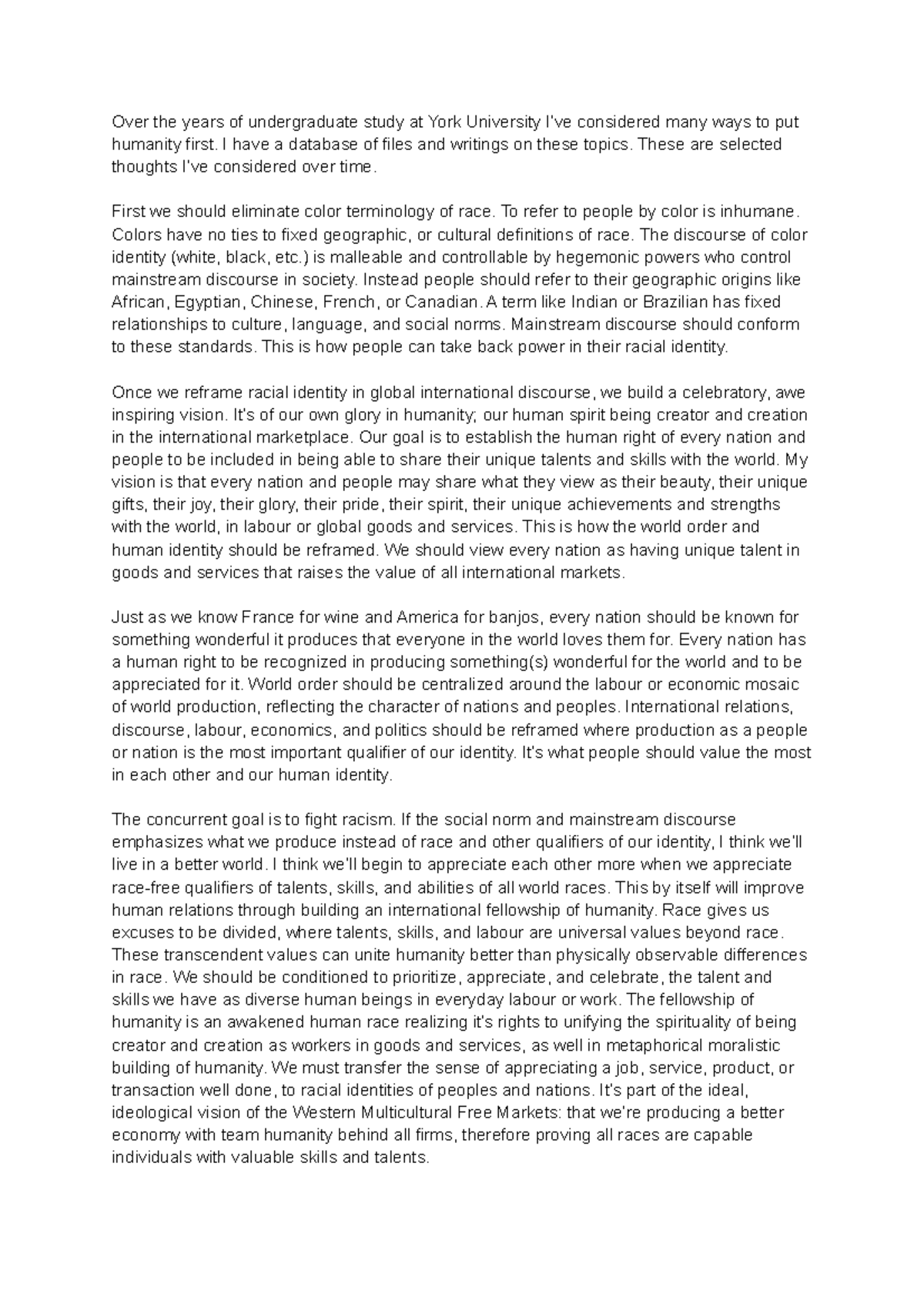 Humanity First Essay - Over the years of undergraduate study at York ...