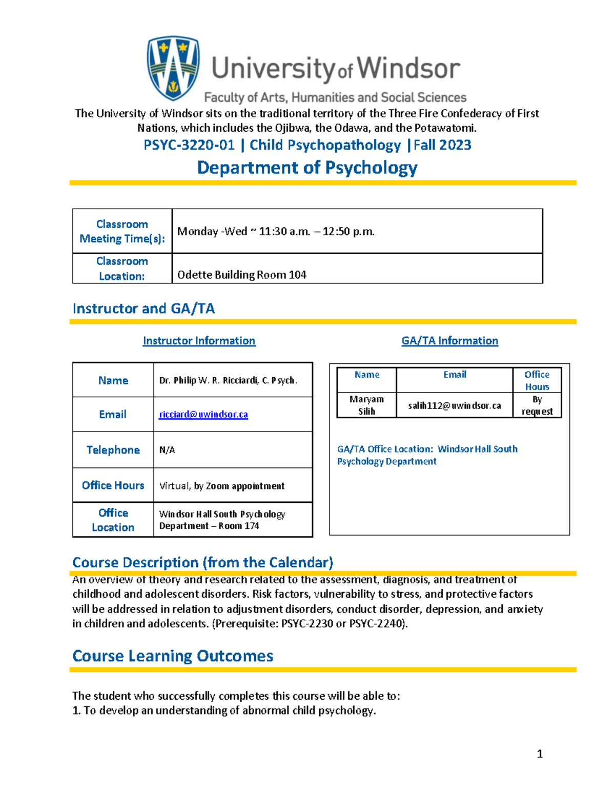 Course outline PSYC-3220-01 Fall 2023 Dr Ricciardi - Corrected - The ...