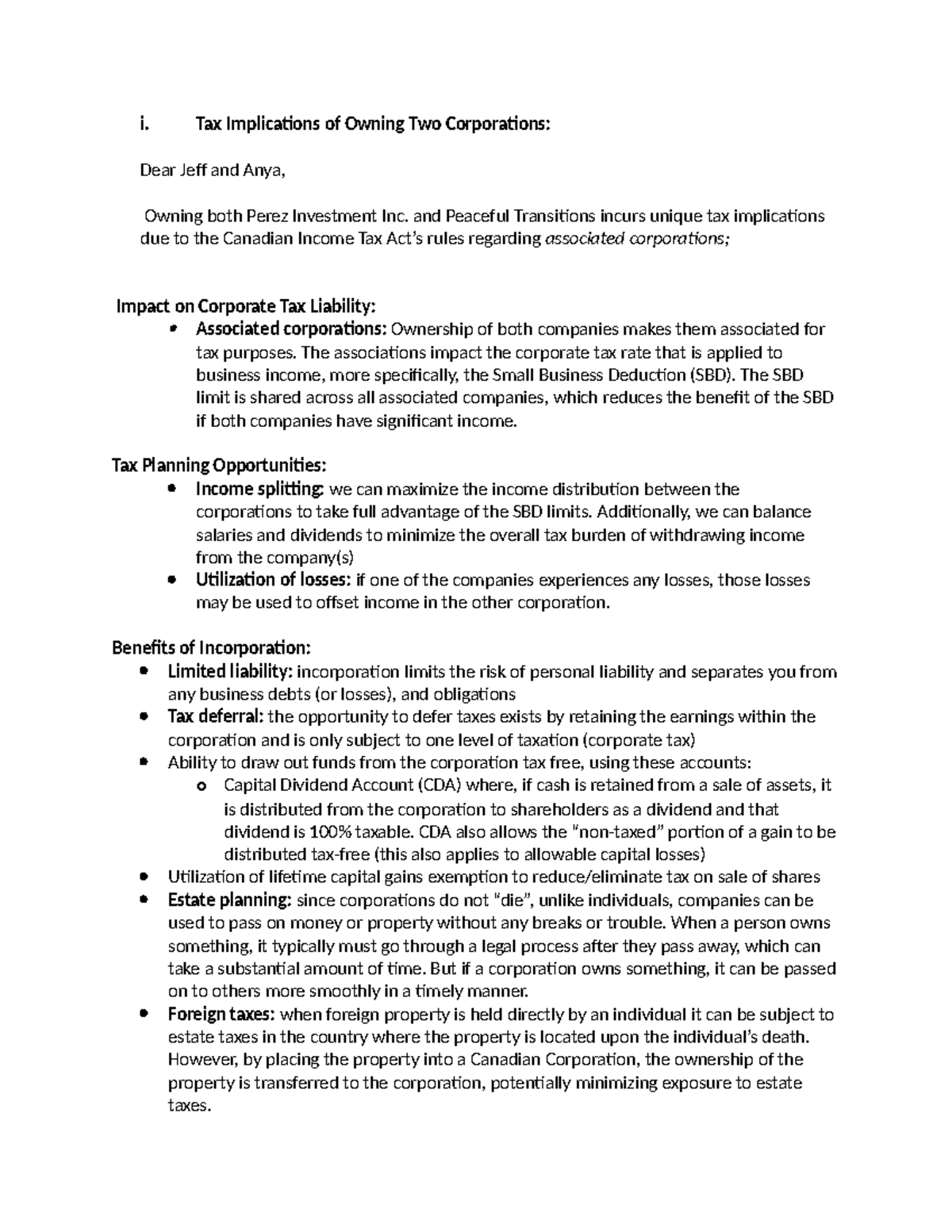 Group Project ACCT 428 - i. Tax Implications of Owning Two Corporations ...