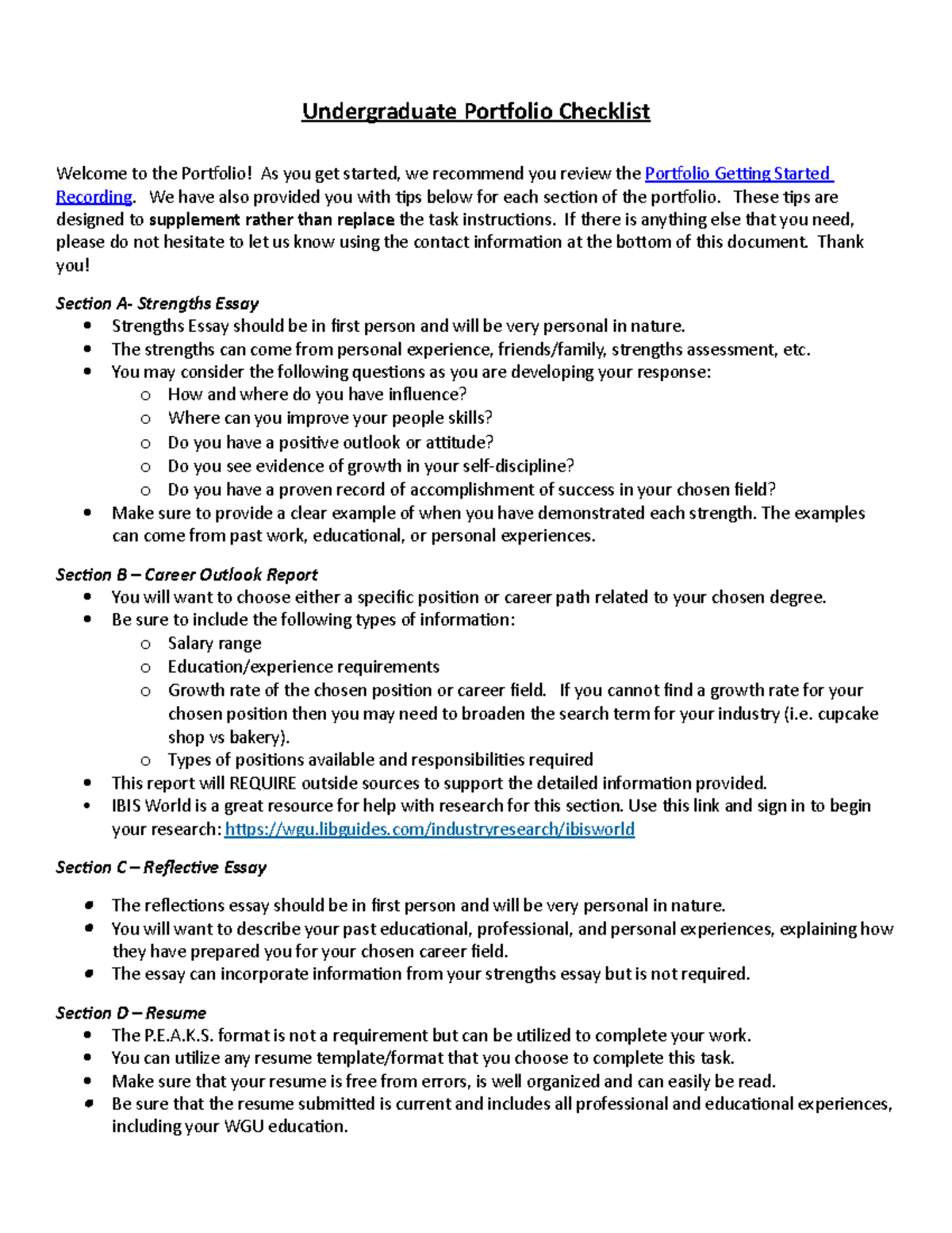 Portfolio Checklist - Undergraduate Portfolio Checklist Welcome to the ...
