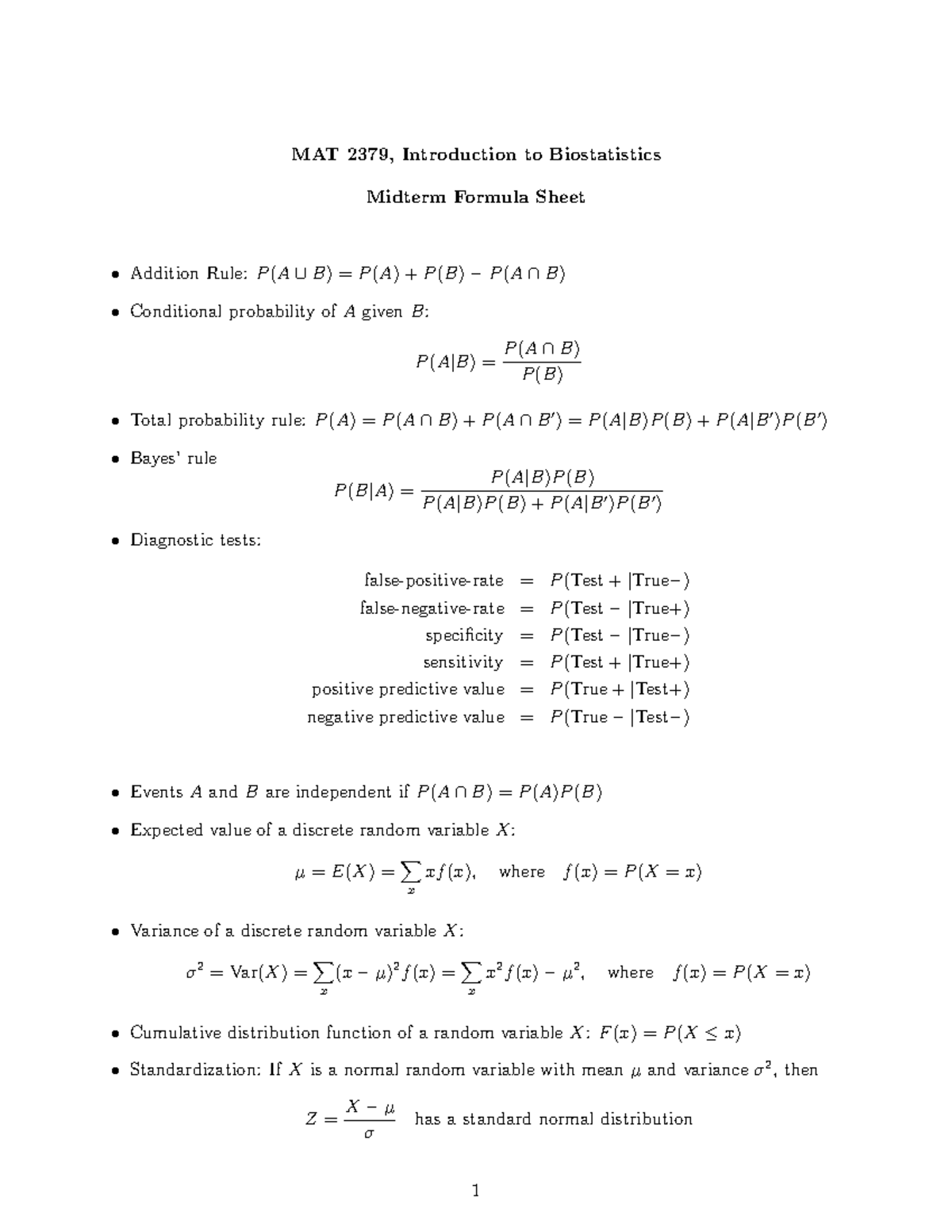 Biostats formula sheet - MAT 2379, Introduction to Biostatistics Midterm Formula Sheet Addition ...