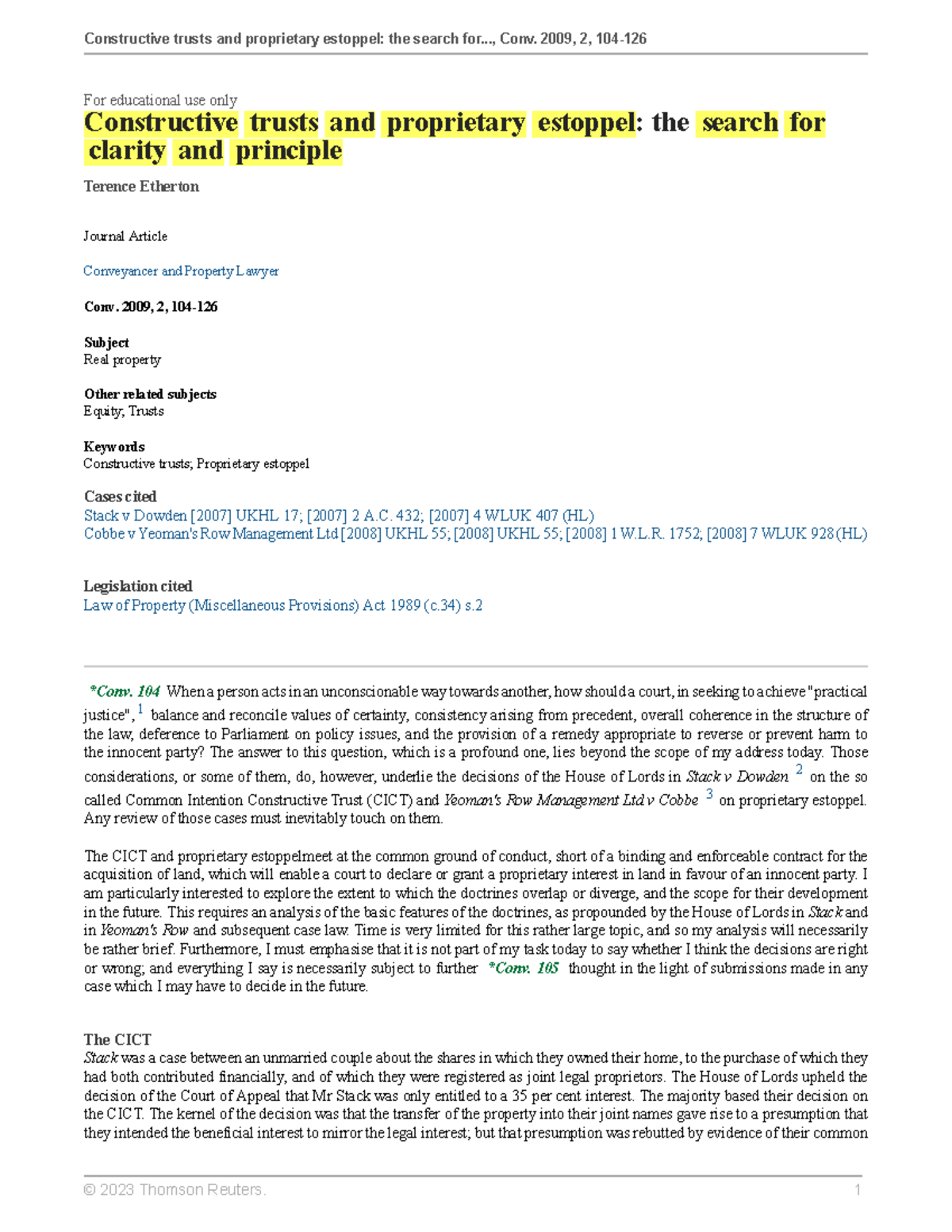 Constructive trusts and proprietary estoppel the search for clarity and ...