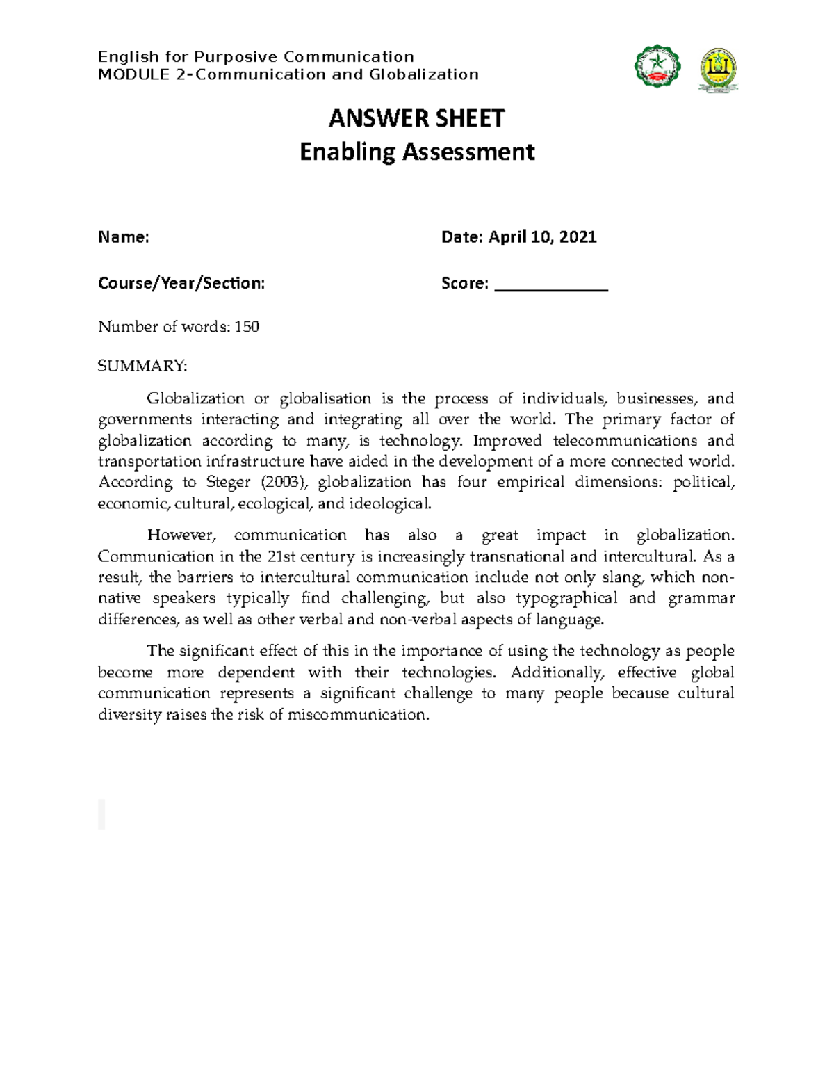 Module 2- Enabling Assessment Answer Sheet - English for Purposive ...