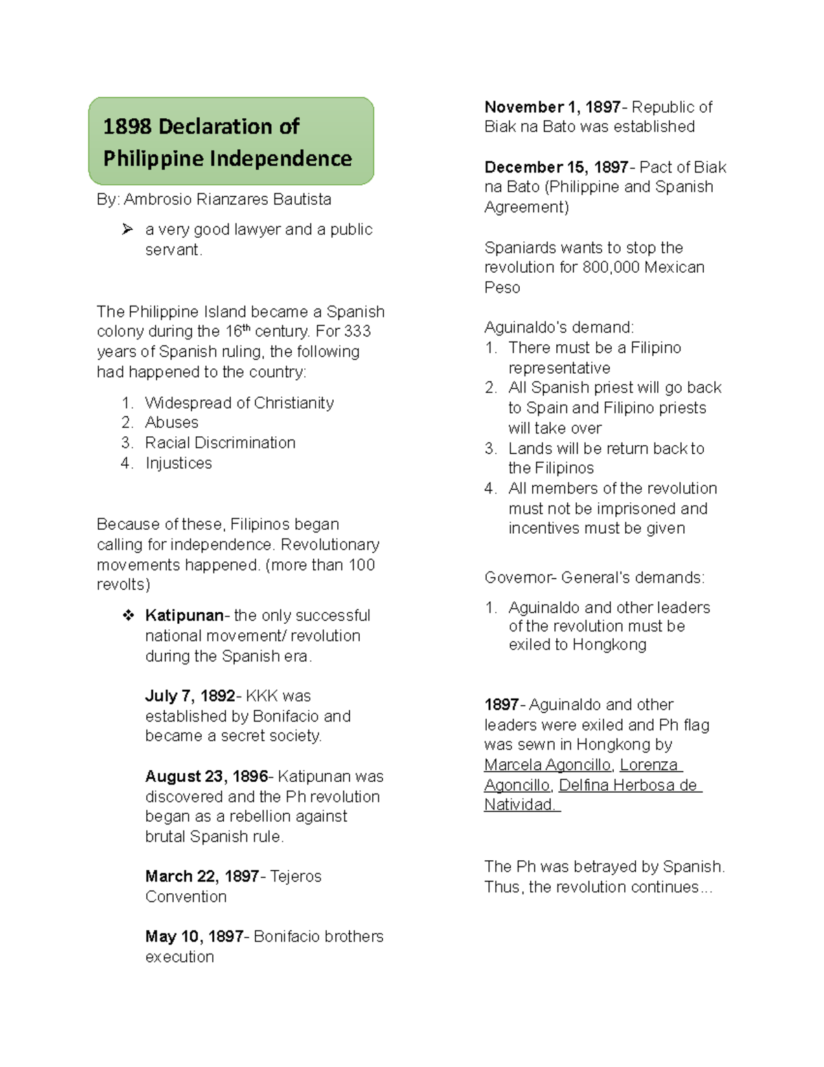 1898 Declaration of Ph Independence - By: Ambrosio Rianzares Bautista a ...