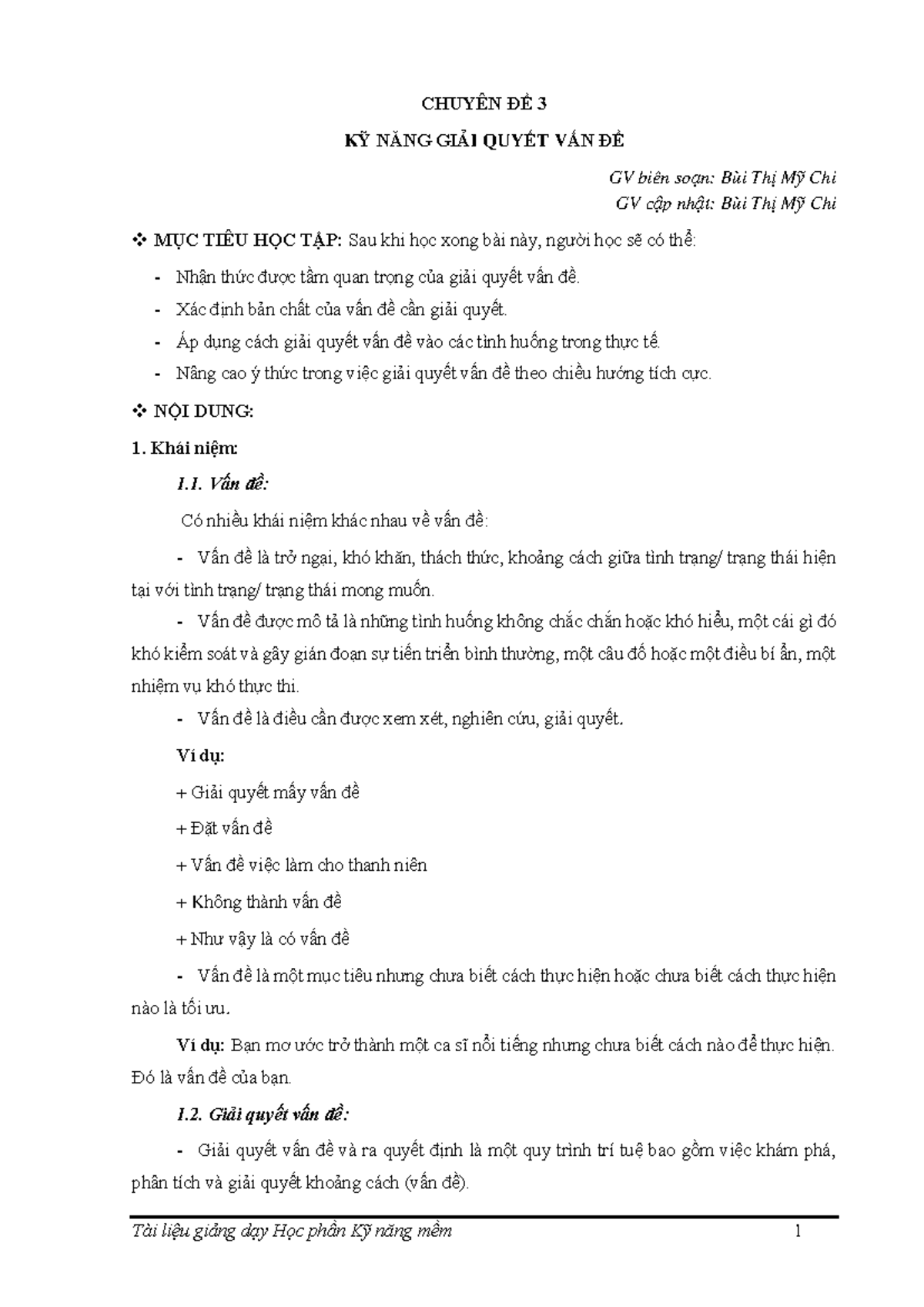 3. CĐ GIAI Quyet VAN DE - Tài liệu - CHUYÊN ĐỀ 3 KỸ NĂNG GIẢI QUYẾT VẤN ĐỀ GV biên soạn: Bùi Thị ...