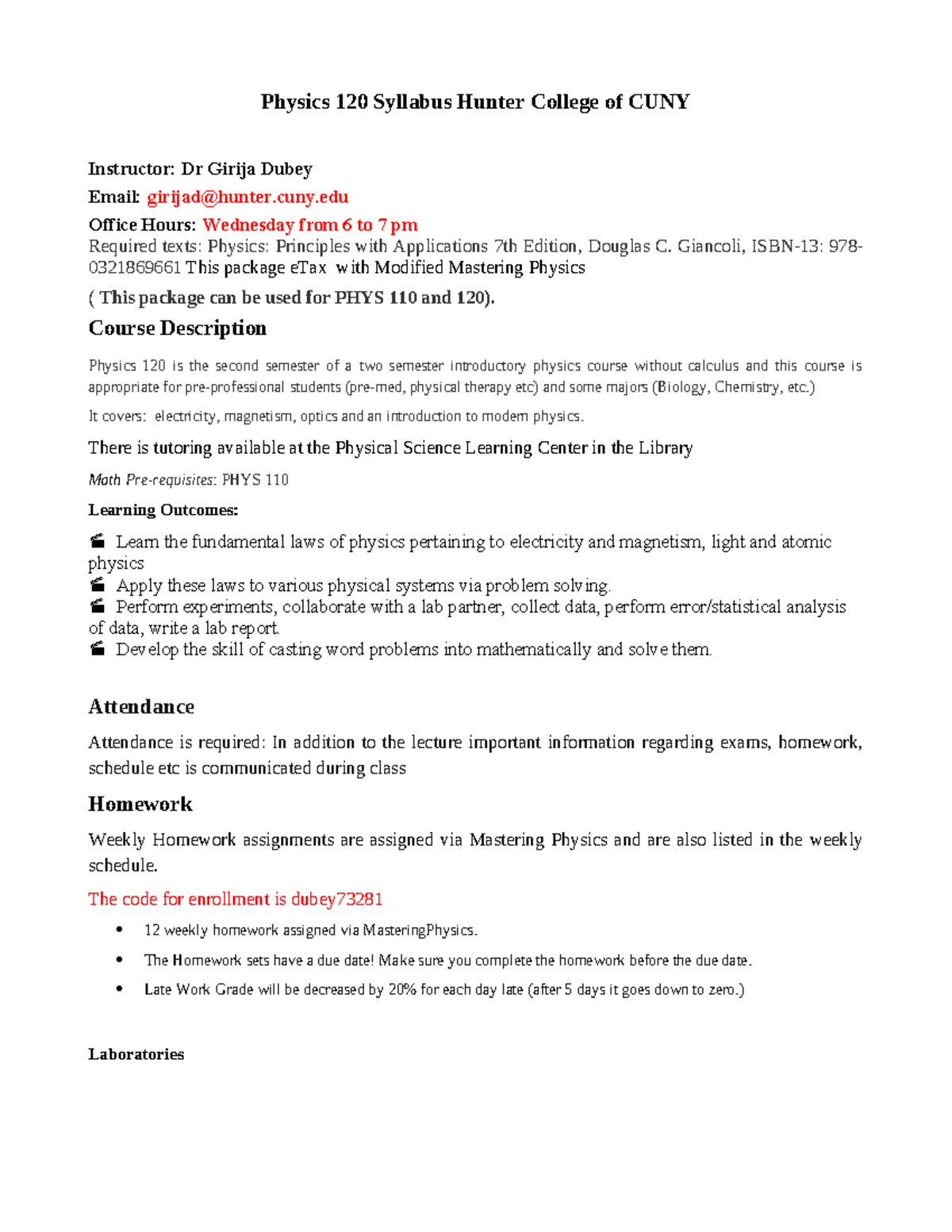 Fa22Physics 120 syllabus(1) - Physics 120 Syllabus Hunter College of ...