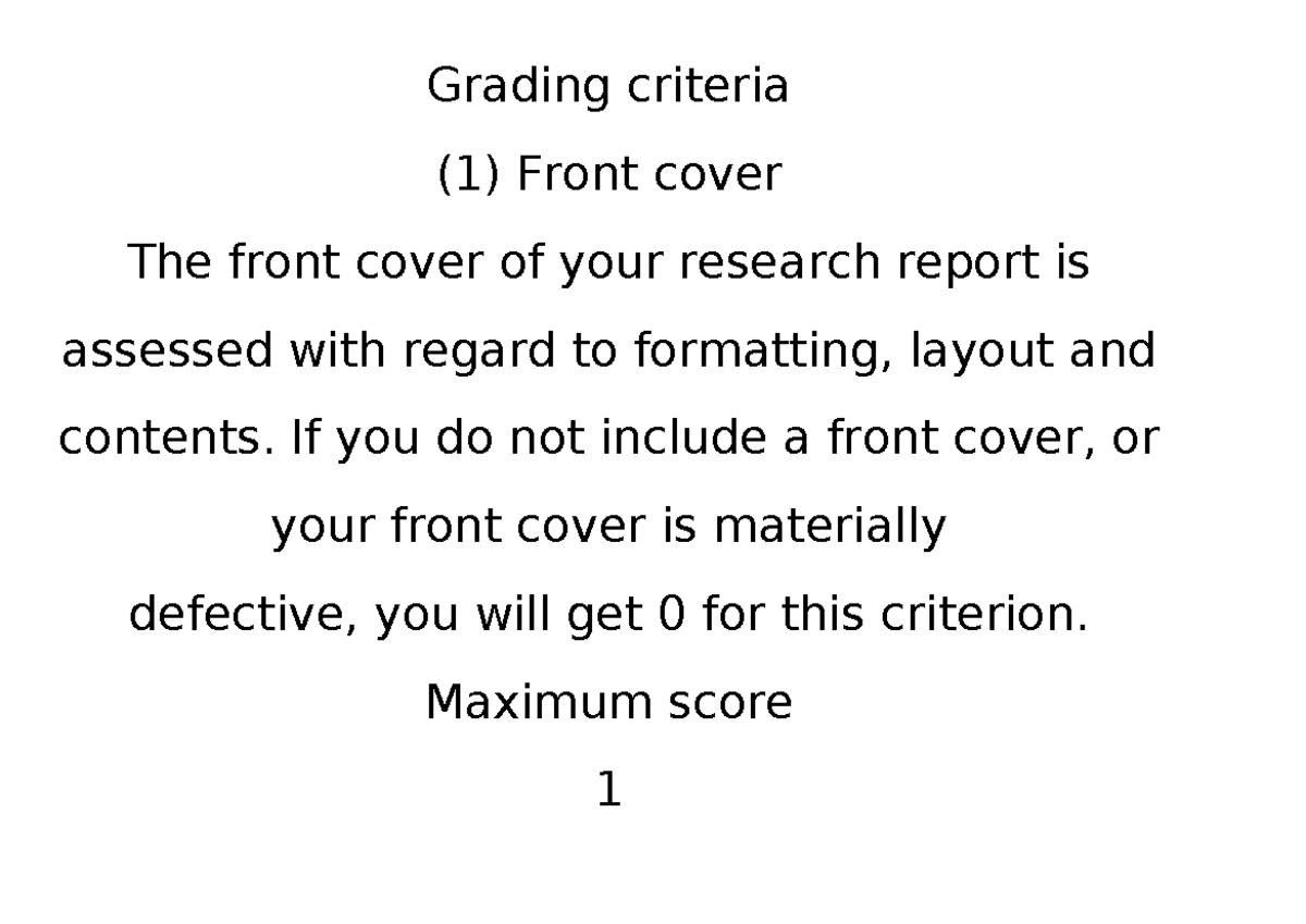 973069338 - DSAR03 - Grading criteria (1) Front cover The front cover ...