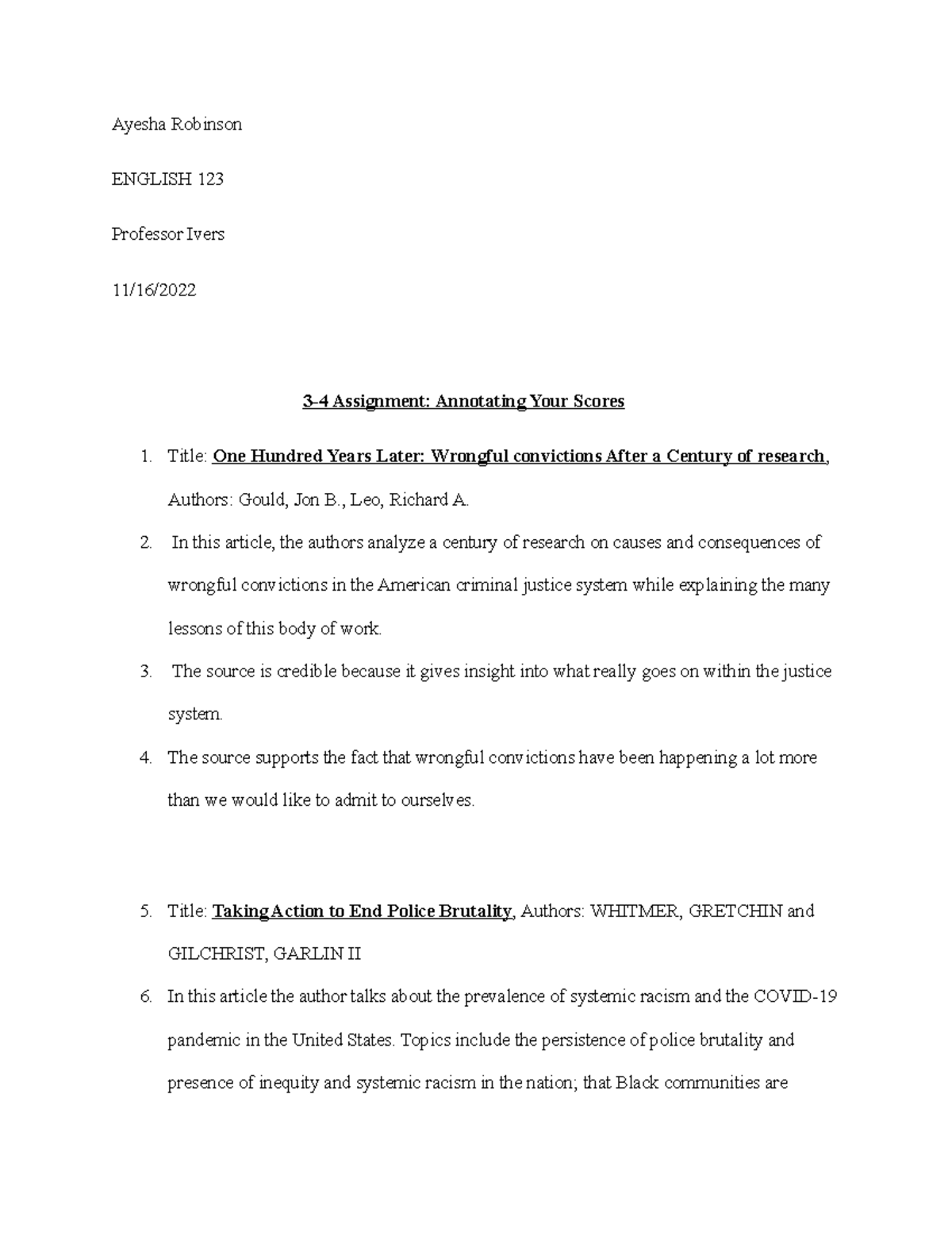 3-4 Assignment Annotating Your Scores - Ayesha Robinson ENGLISH 123 Professor Ivers 11/16/ 3-4 ...