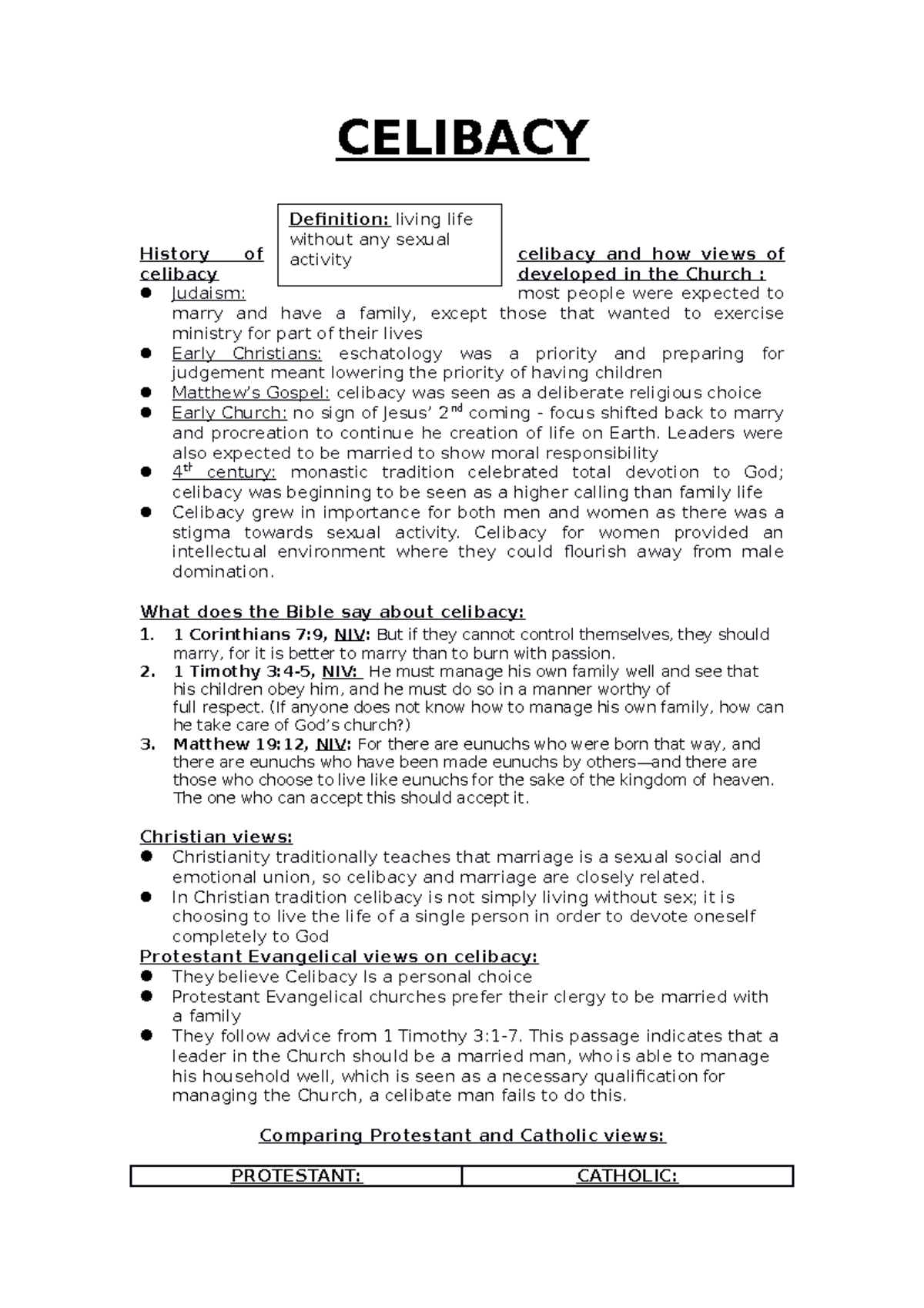 Celibacy Handout RS - CELIBACY History of celibacy and how views of ...