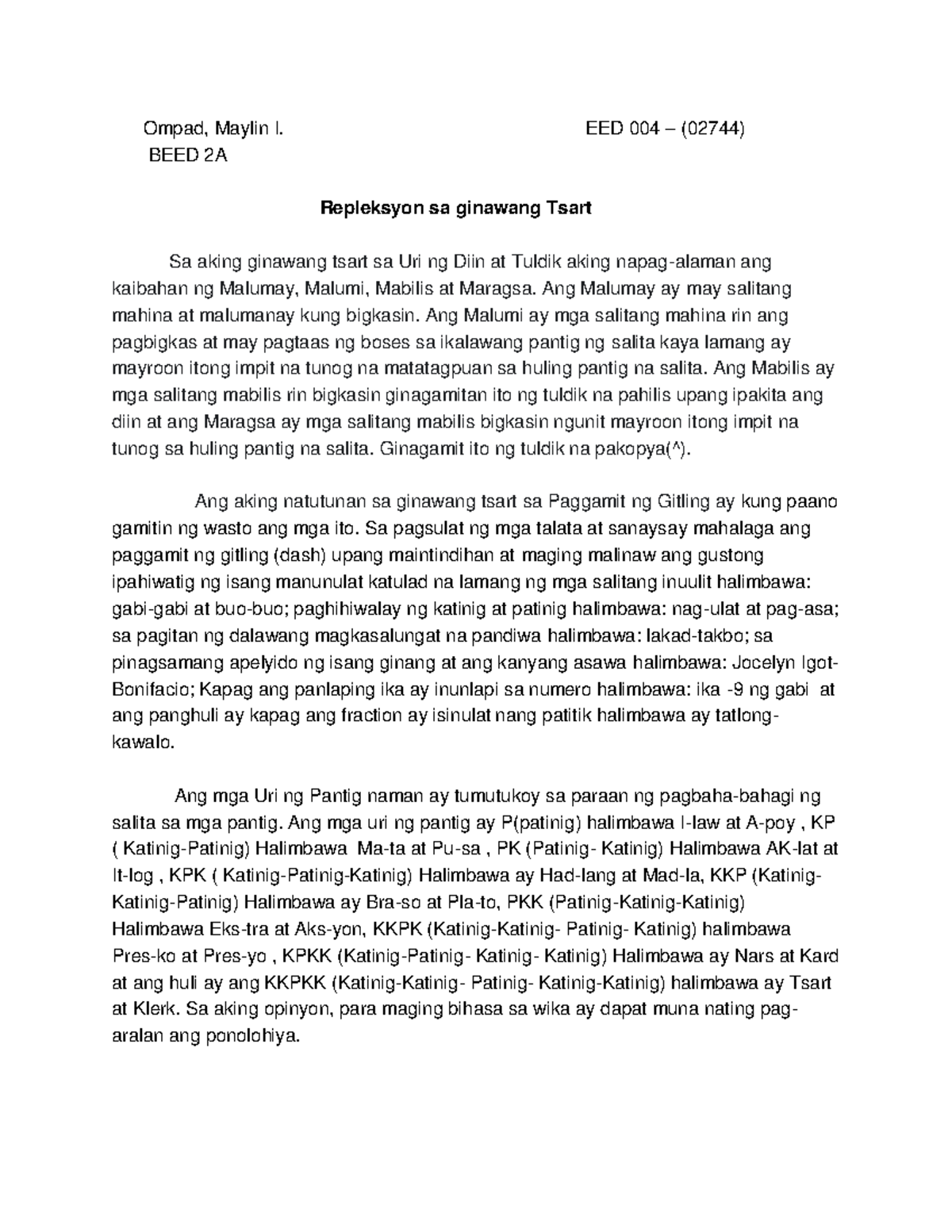 Ompad, Maylin I. Repleksyon SA Tsart - Ompad, Maylin I. EED 004 ...