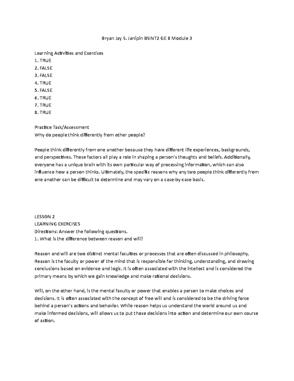 Module 3 GE8 - Ge 8 ethics answers and assignments - Bryan Jay S ...