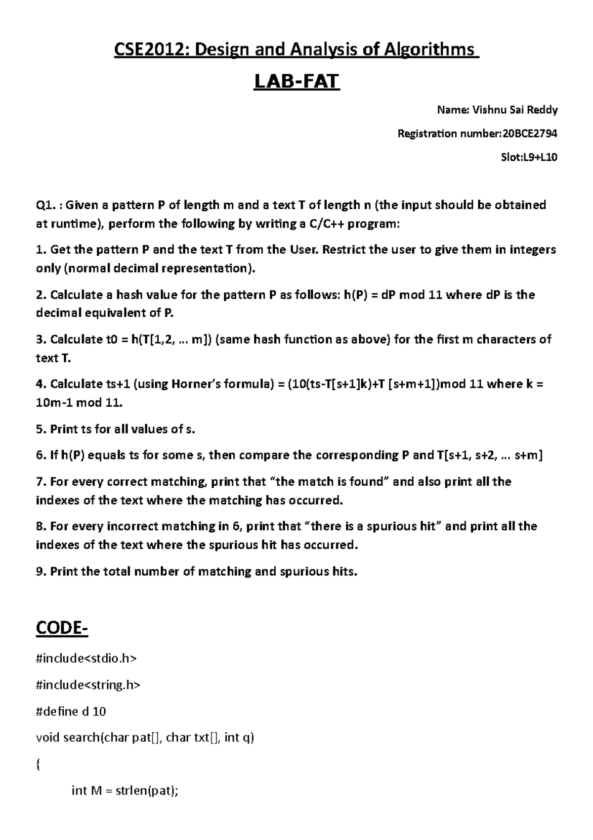 20BCE2794 VL202122010 4497 FAT - CSE2012: Design and Analysis of Algorithms LAB-FAT Name: Vishnu ...