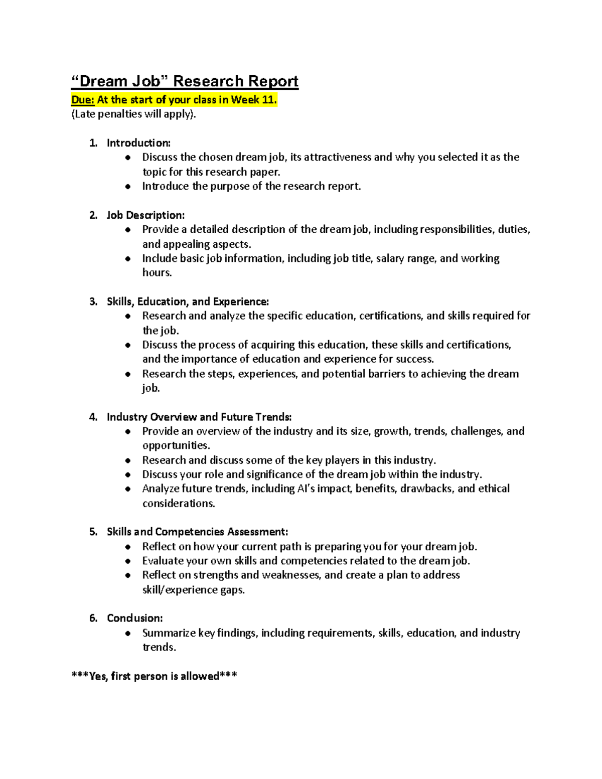 sssssssssssssss - “Dream Job” Research Report Due: At the start of your ...