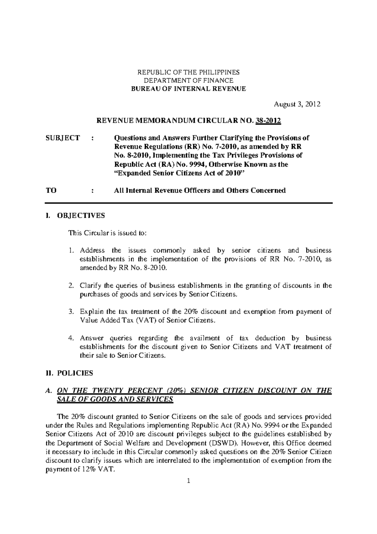 64655 RMC No 38 2012 - REPUBLIC OF THE PHILIPPINES DEPARTMENT OF ...