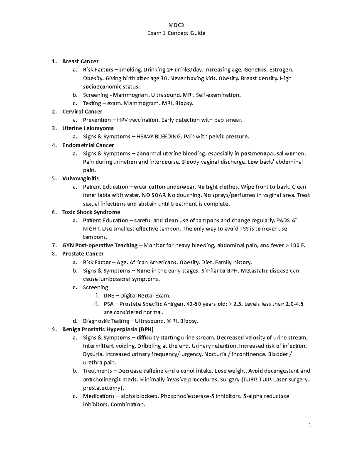 MDC 3 - Exam 1 Concept Guide - Exam 1 Concept Guide Breast Cancer a ...