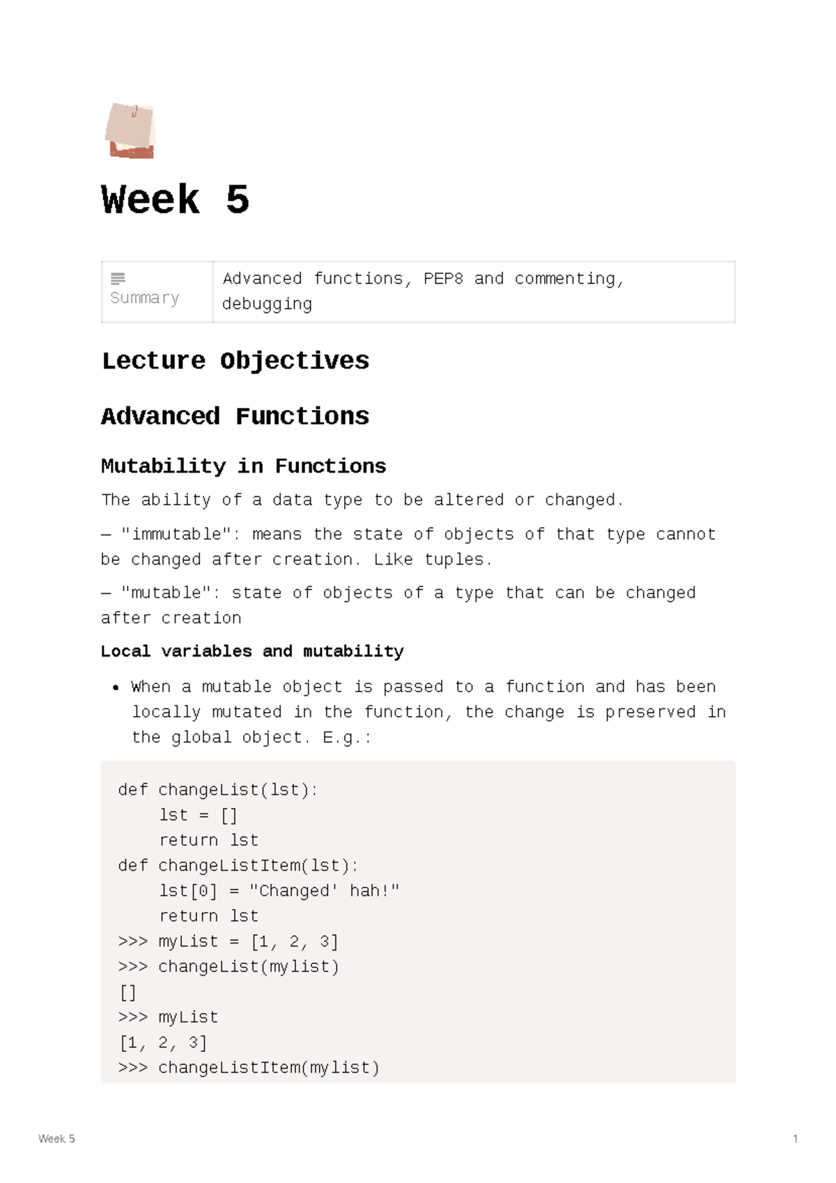 FoC - Week 5 Notes - Week 5 Summary Advanced functions, PEP8 and ...